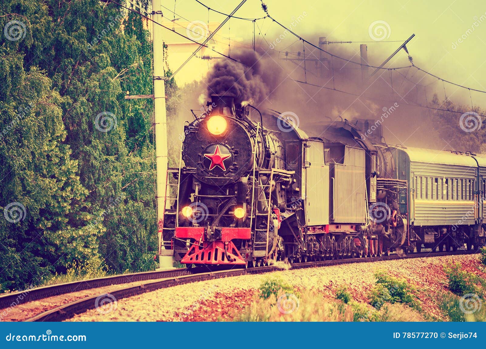Retro Steam Train at Summer Day Time. Stock Photo - Image of excursion ...