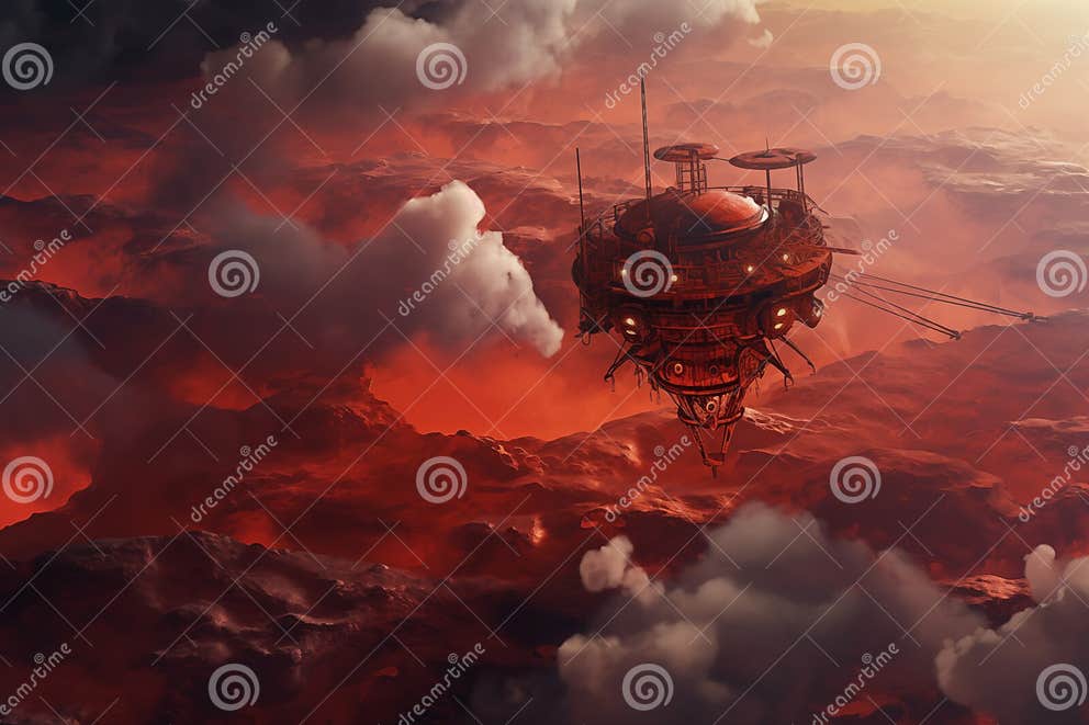 Retro Steampunk Drone Flying Over the Red Planet Surface Stock ...