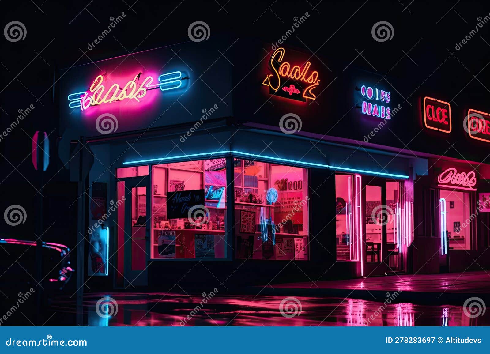Retro Store Front with Neon Signs and Pop Art Stock Illustration ...