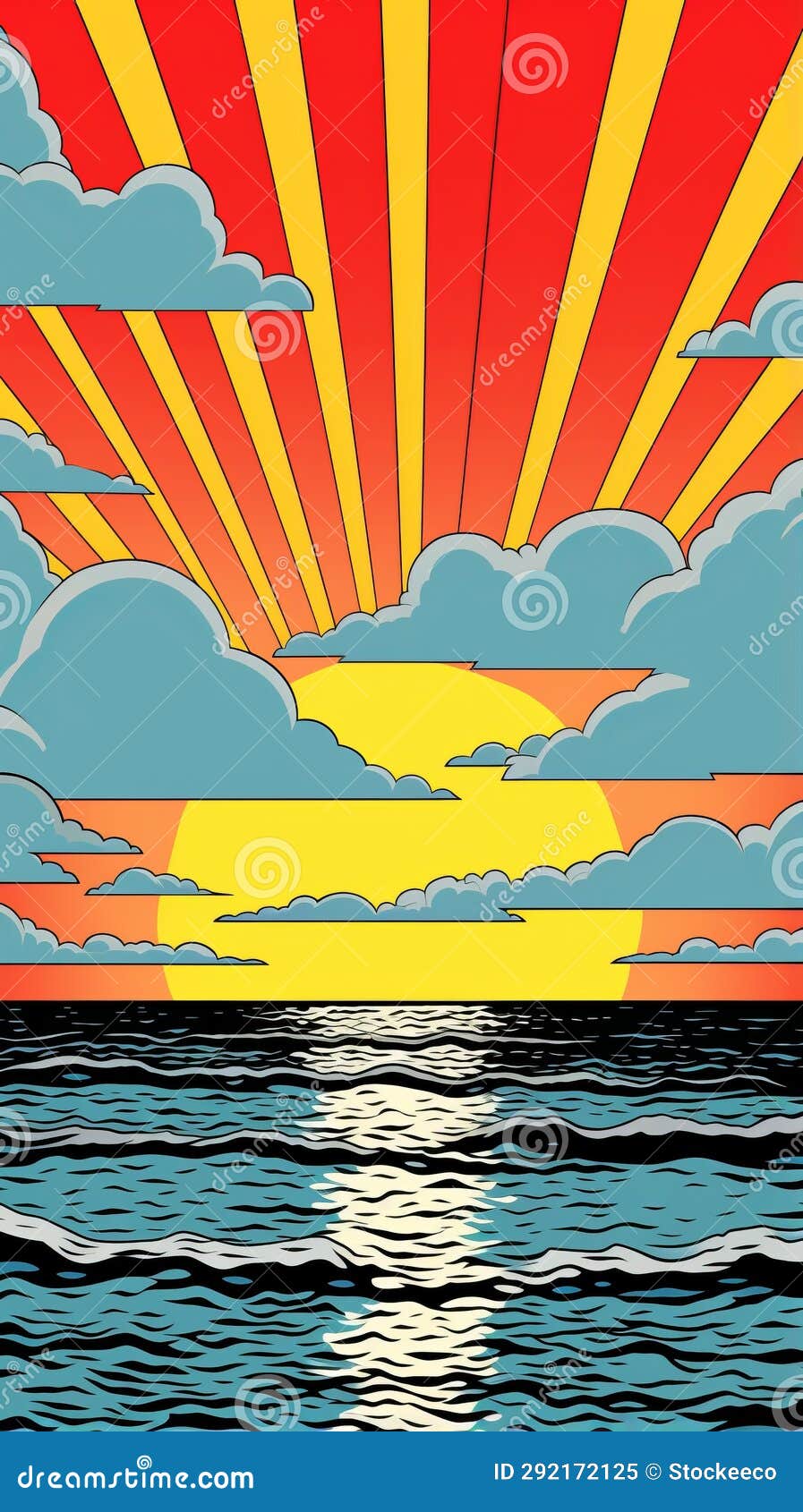Pop Art Sunrise: Detailed Illustration of a Beach Sunset Stock ...