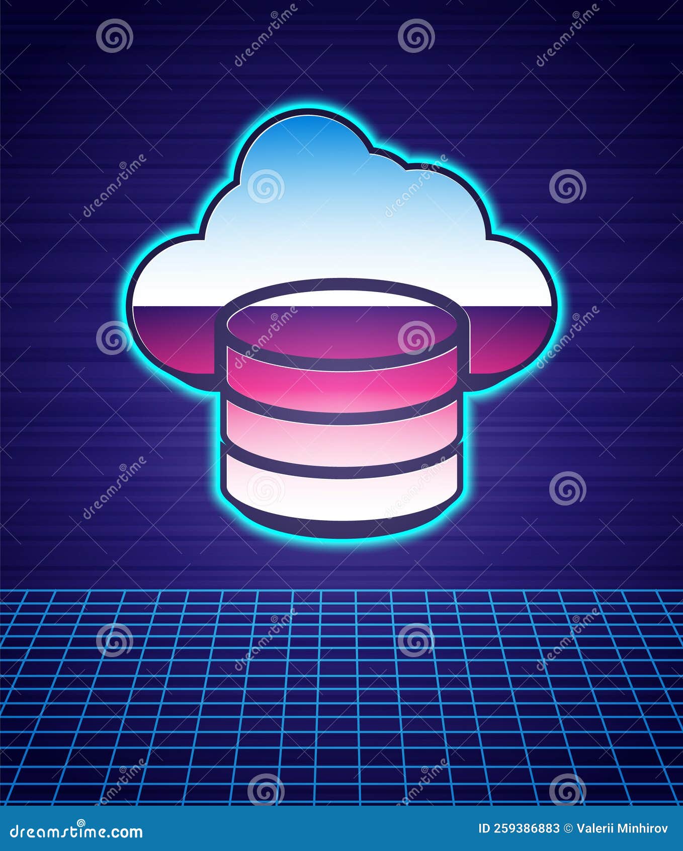 Retro Style Cloud Database Icon Isolated Futuristic Landscape ...
