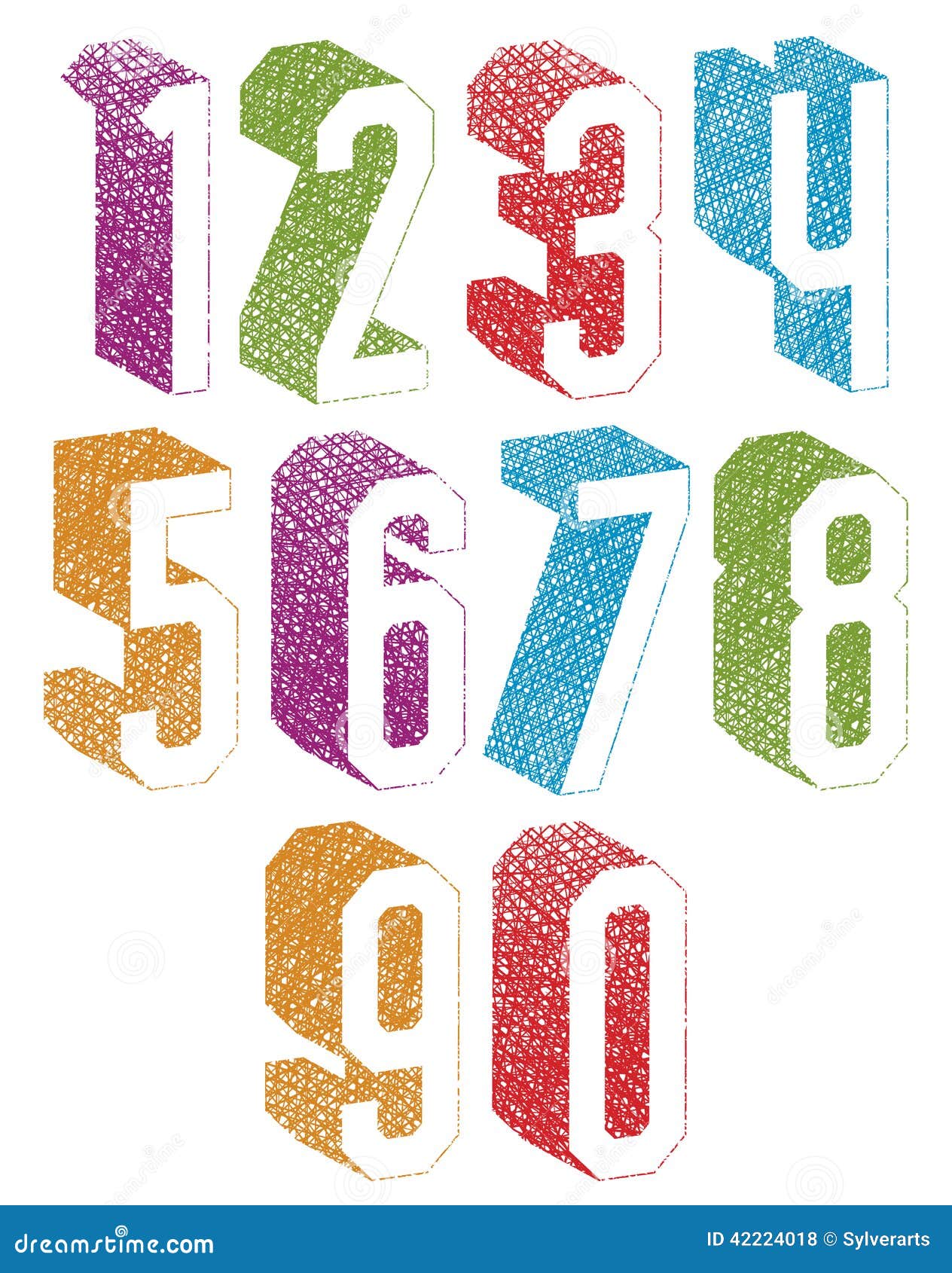 Retro Style 3d Geometric Numbers Set with Hand Drawn Lines Texture ...