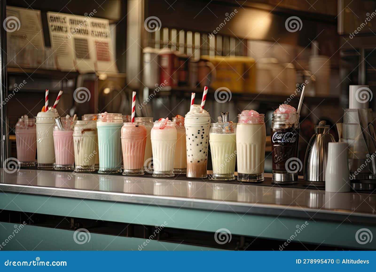 Retro-style Diner, with Array of Classic Milkshakes and Soft Drinks on ...