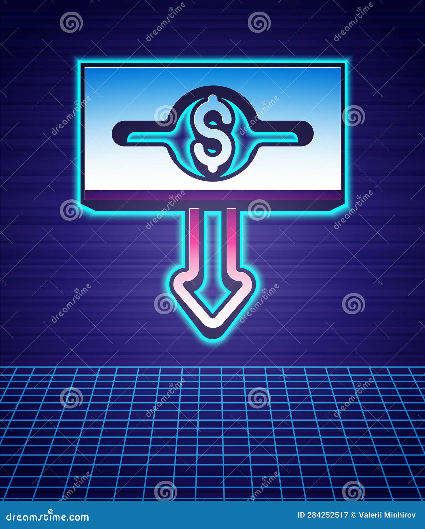 Retro Style Dollar Rate Decrease Icon Isolated Futuristic Landscape Background. Cost Reduction ...