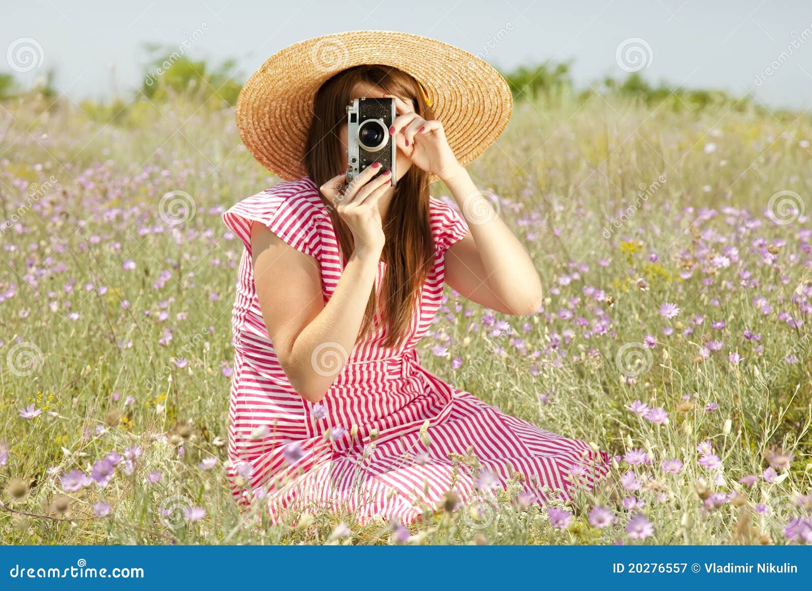 Retro Style Girl at Countryside with Camera Stock Image - Image of ...