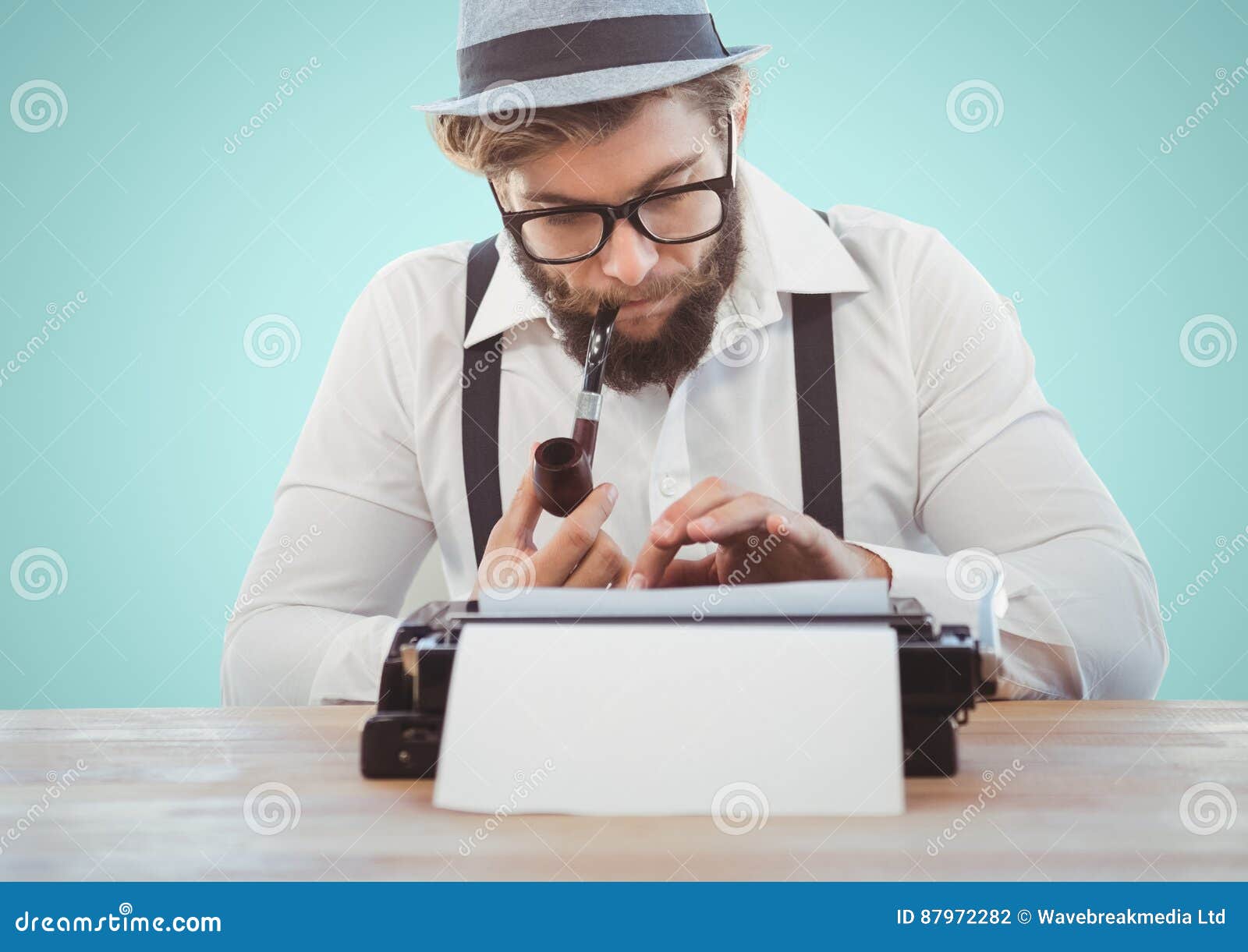 Retro Style Man Smoking Pipe and Using a Typewriter Stock Photo - Image ...