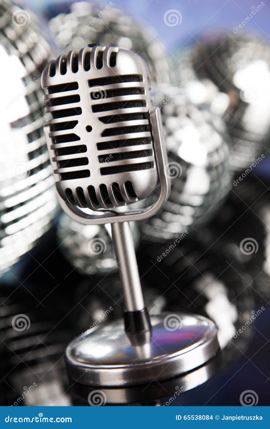 Retro Style Microphone on Sound Waves and Disco Balls Stock Photo ...