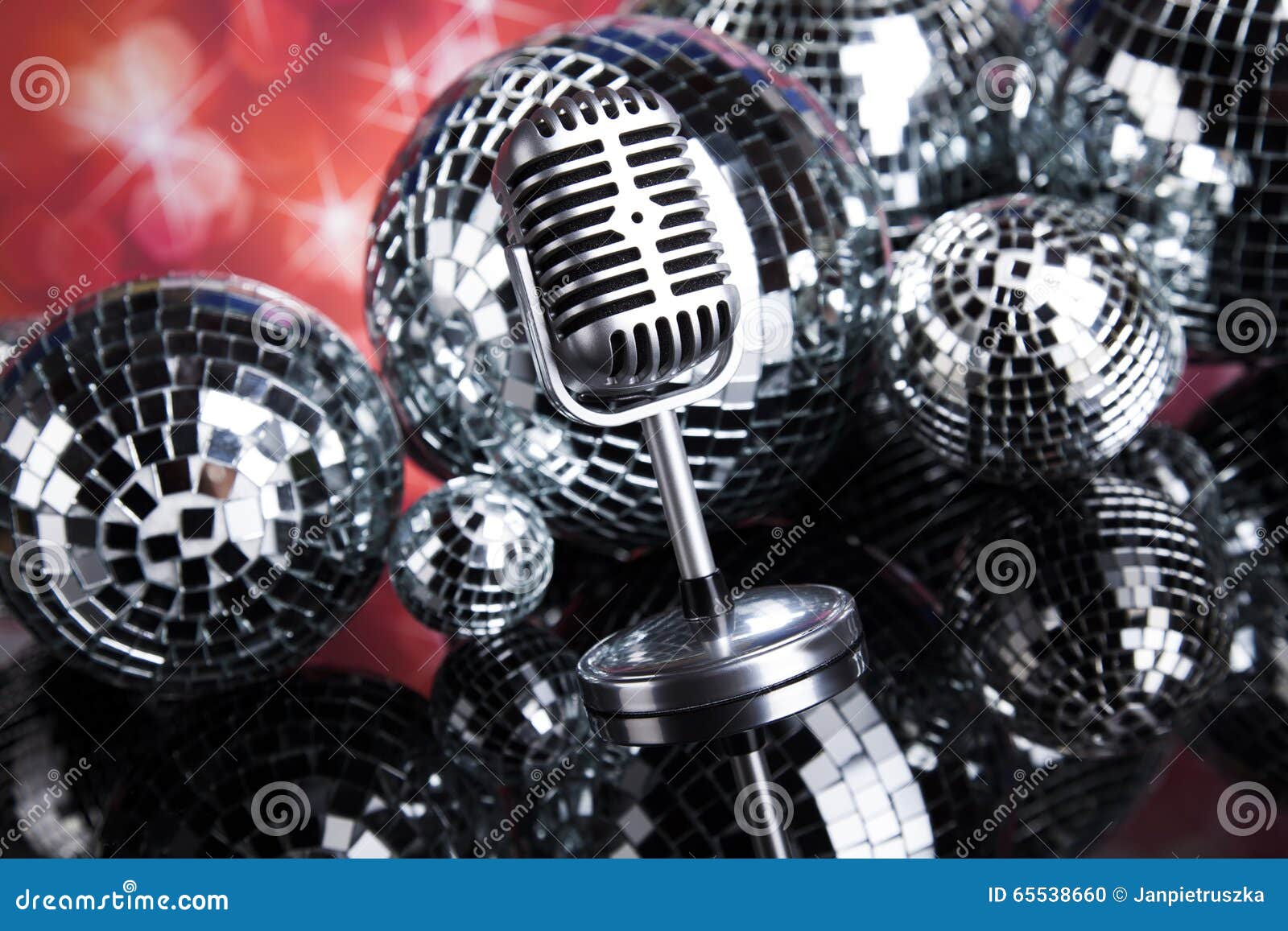 Retro Style Microphone on Sound Waves and Disco Balls Stock Photo ...