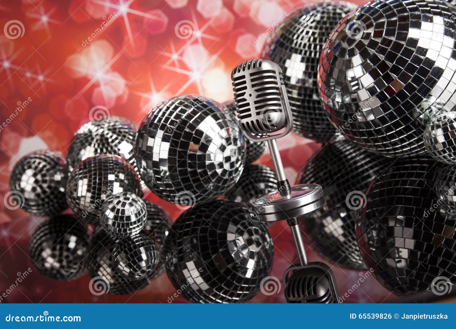 Retro Style Microphone on Sound Waves and Disco Balls Stock Photo ...