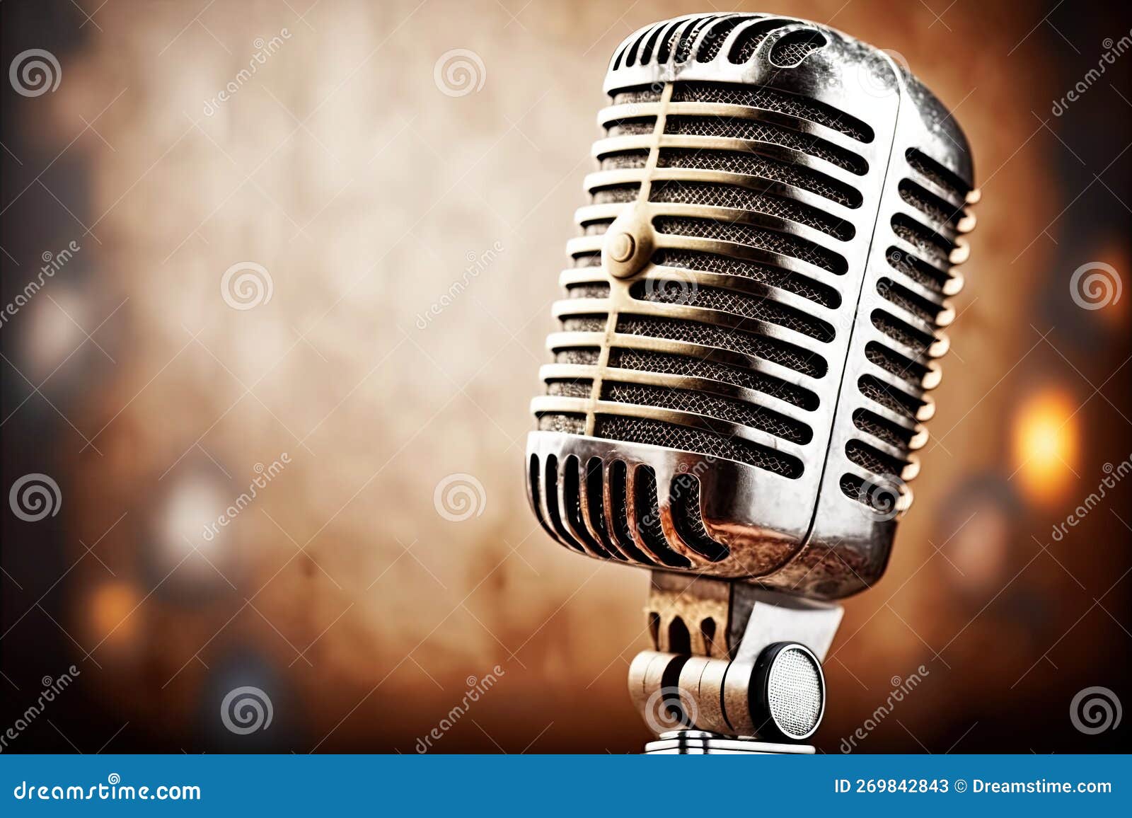 Retro Style Microphone on a Stage with Bokeh Lights in Background ...