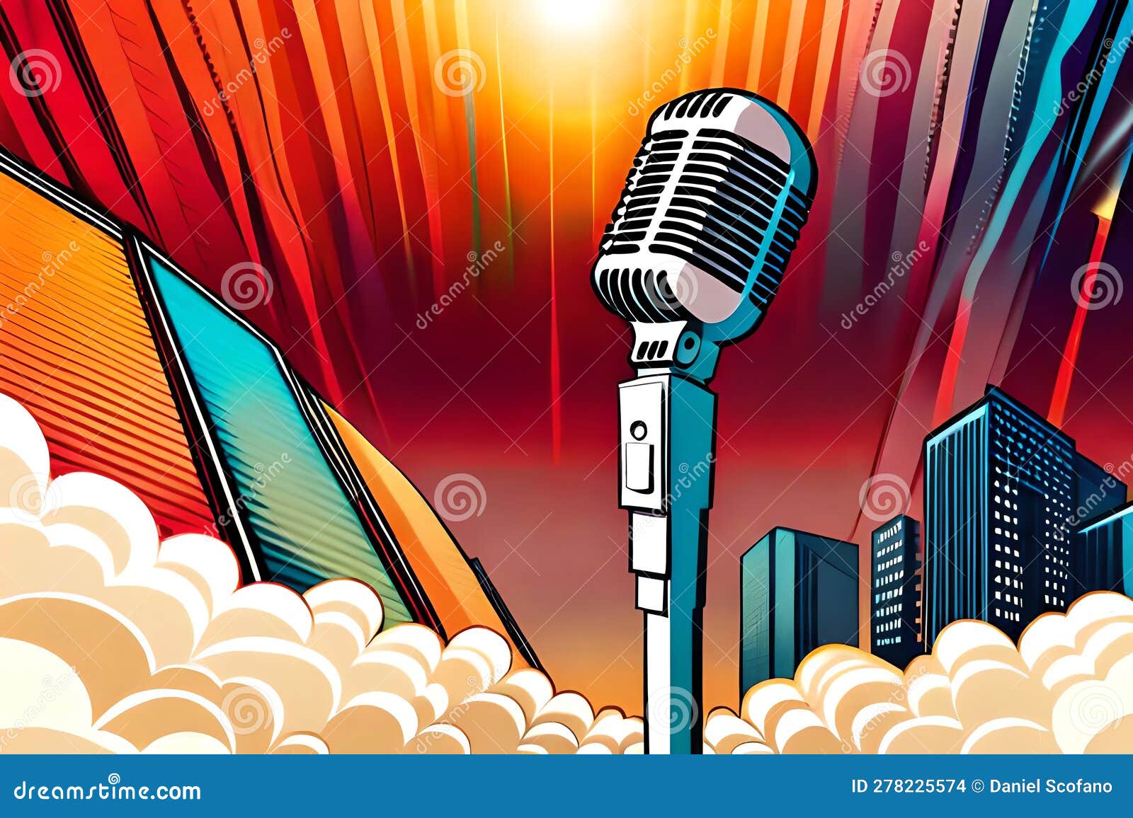 Retro Style Microphone on a Stage with Comic Background. Microphone ...