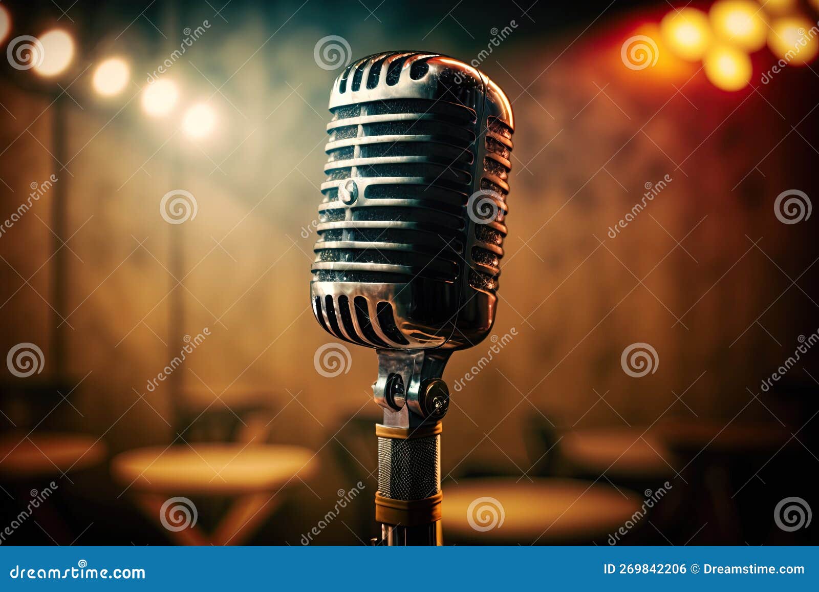 Retro Style Microphone on a Stand Up Comedy Stage with Bokeh Lights in ...
