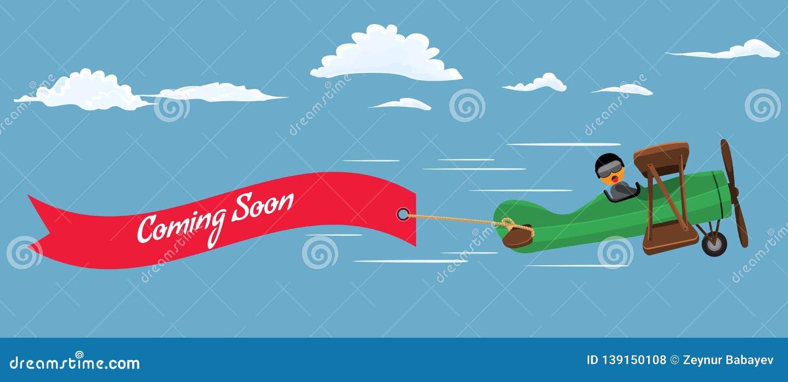 Retro Style Plane with Red Flying Ribbon and Text Coming Soon. Flat ...
