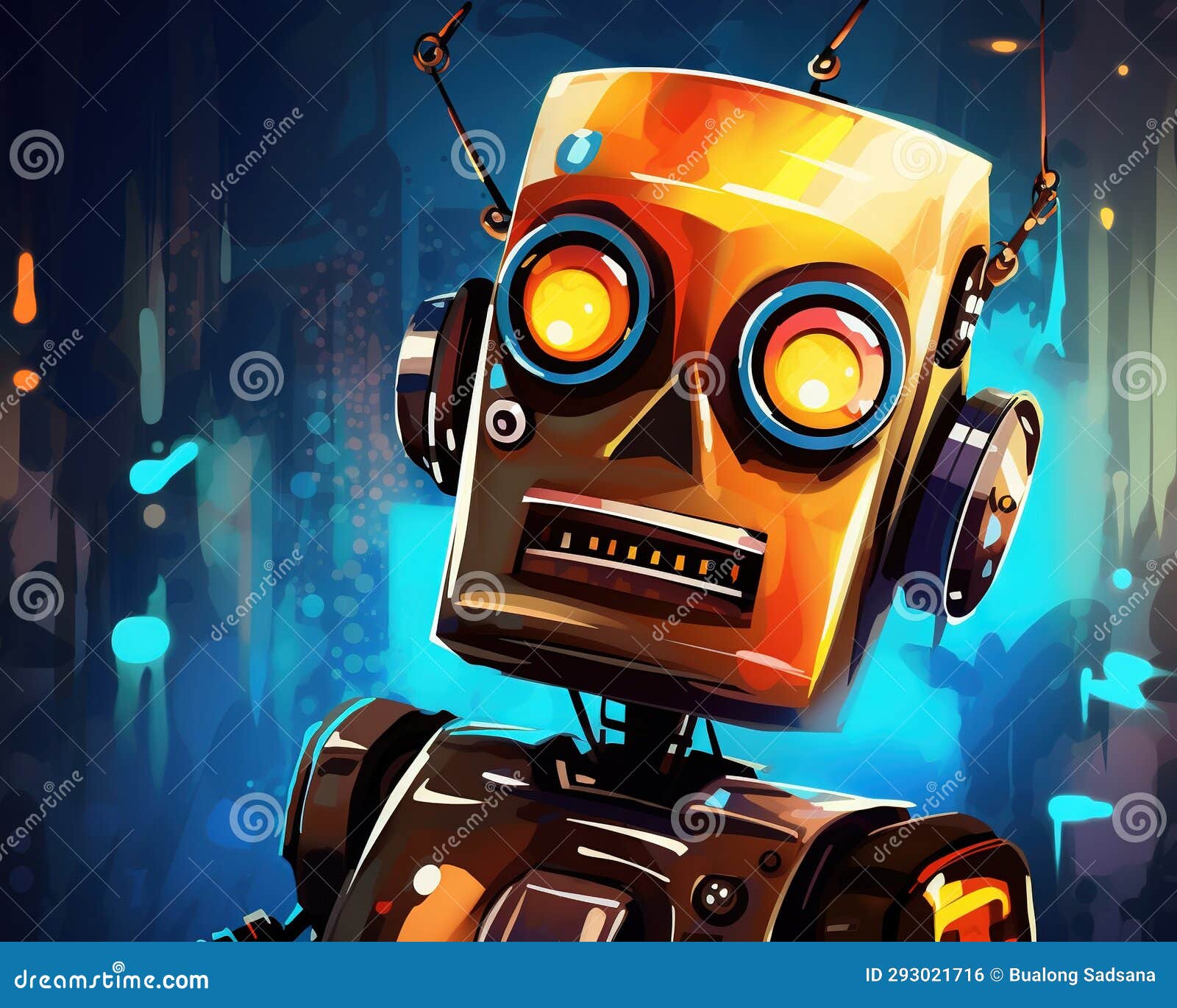 Retro Style Robot Was Created Using Digital Pnting. Stock Illustration ...