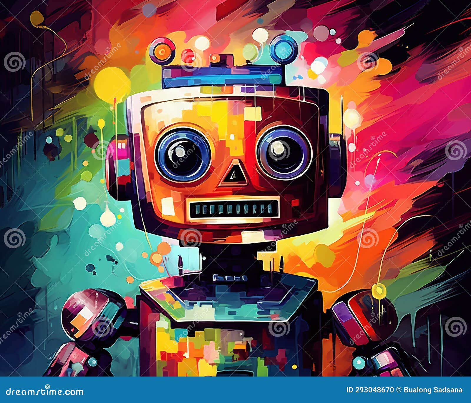 Retro Style Robot Was Created Using Digital Pnting. Stock Illustration ...