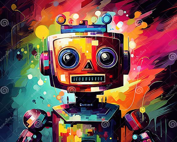 Retro Style Robot Was Created Using Digital Pnting. Stock Illustration ...