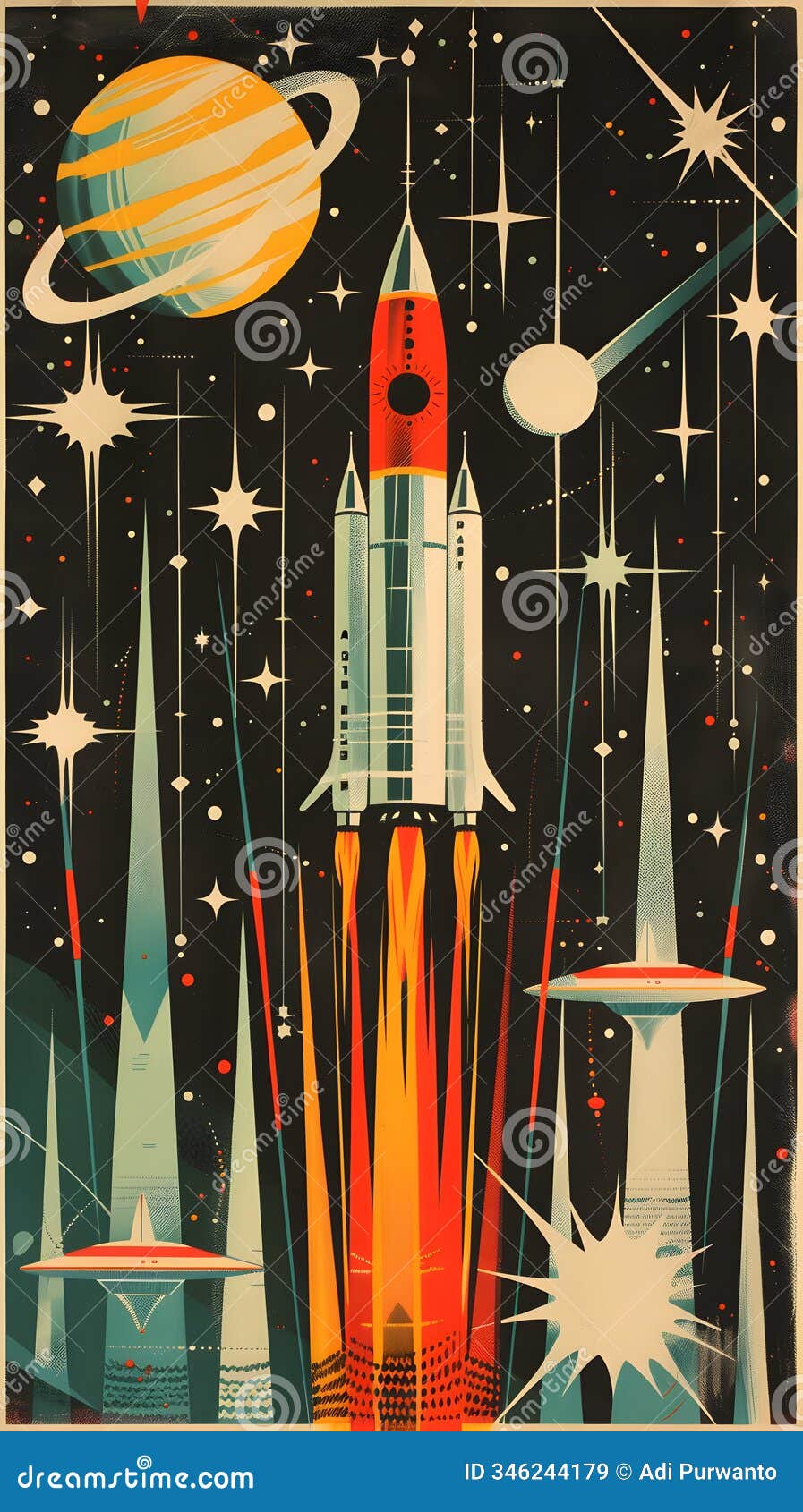 A Retro-style Rocket Launches into Space Surrounded by Planets and ...