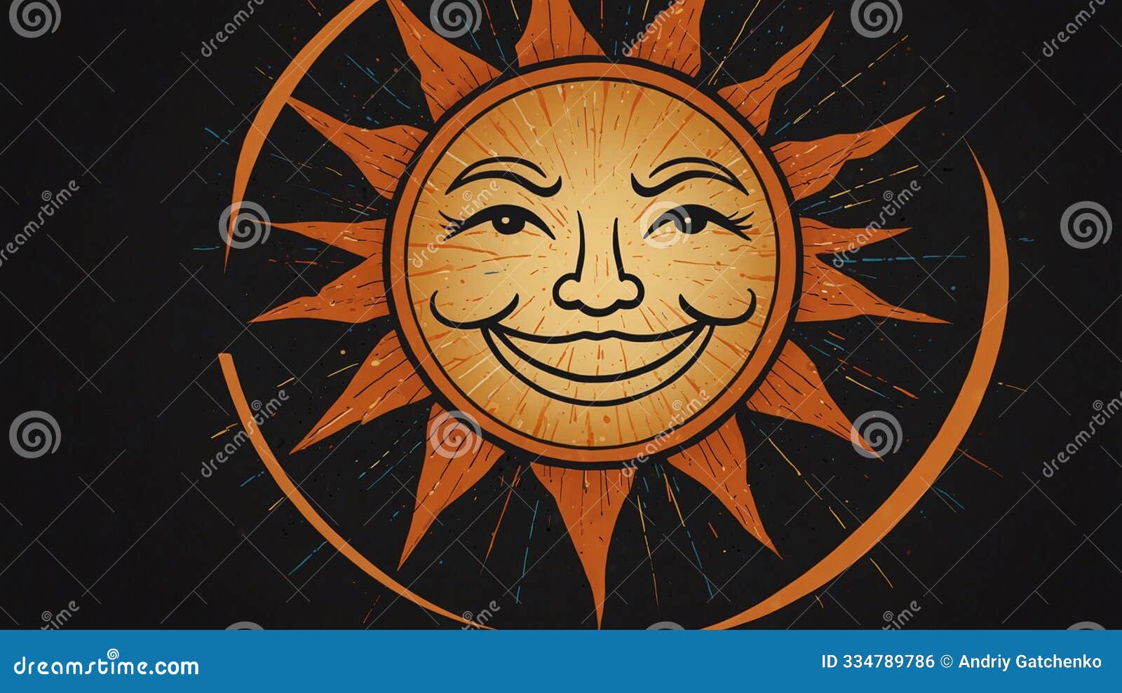 Retro Style Smiling Sun Illustration with Orange Rays on a Dark ...