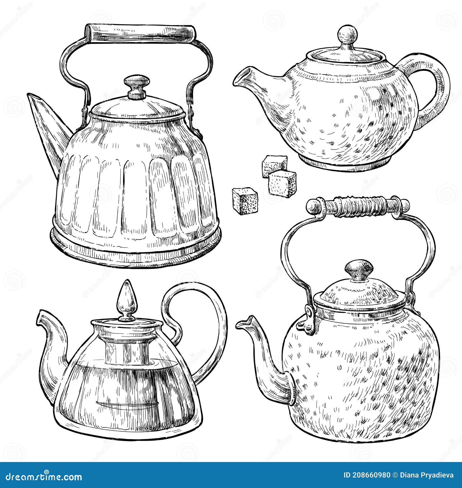 Retro Style Tea Pots Set. Vintage Vector Elements in Engraving Style ...