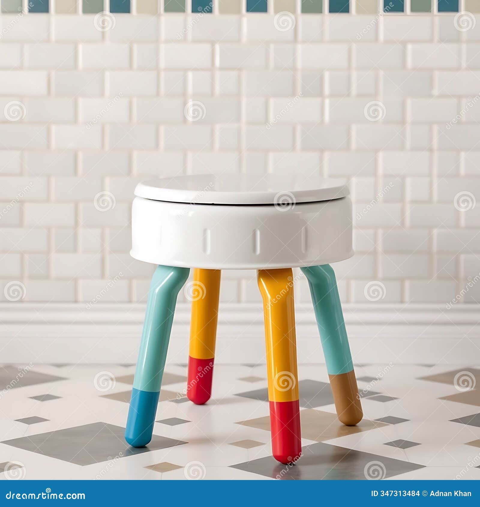 A Retro Styled Bathroom Stool with Colorful Plastic Legs and a Rounded ...