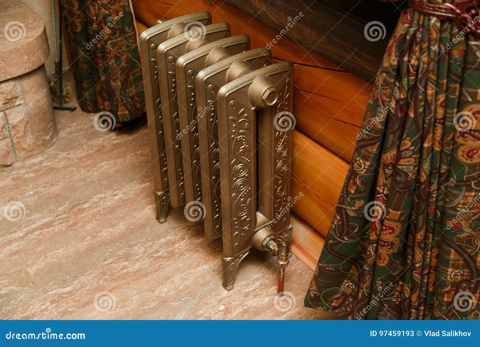 Retro Styled Cast Iron Radiator with Valve and Copper Pipe Stock Image ...