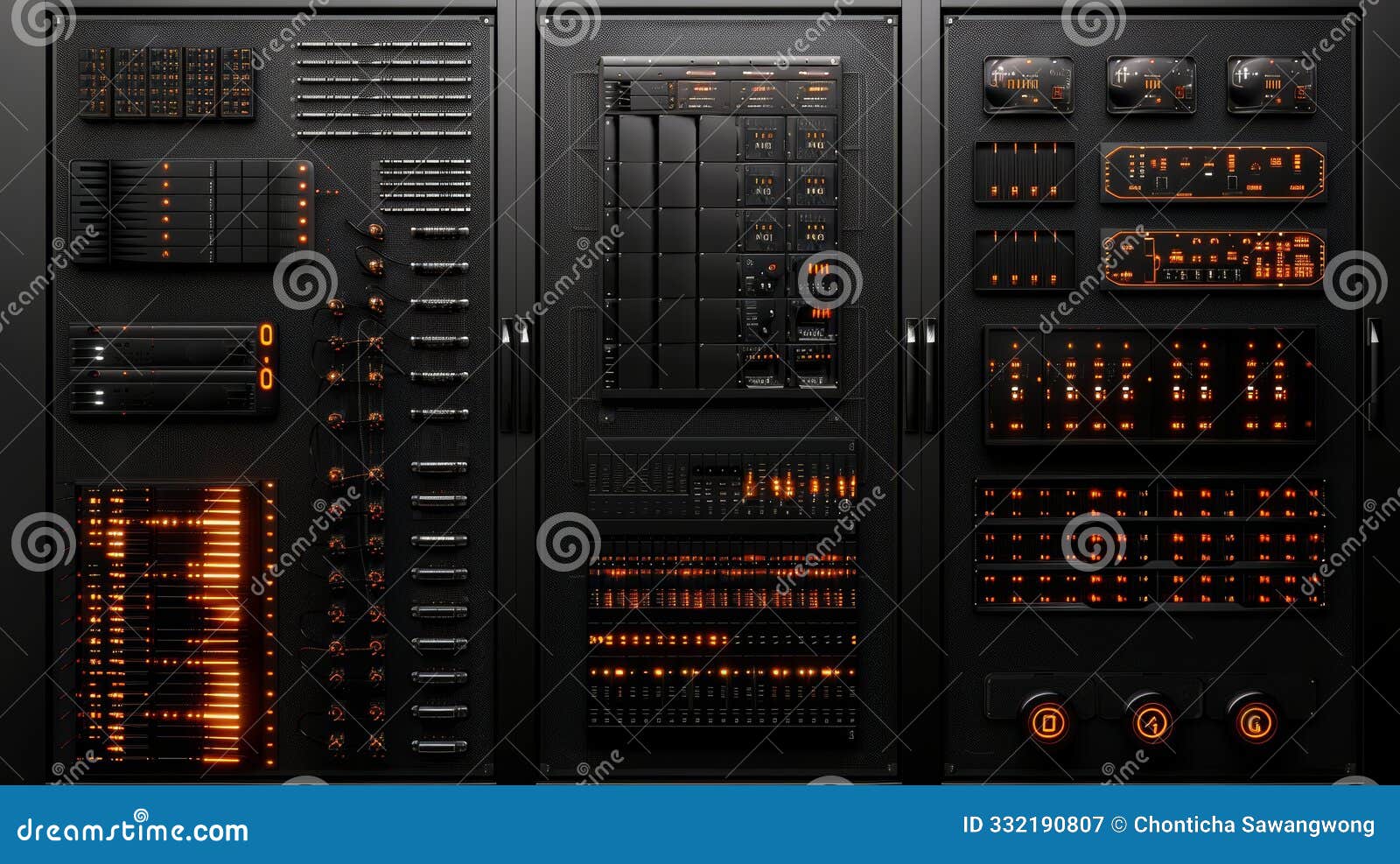 Retro Styled Computer Control Panel with Switches, Dials, and Gauges ...