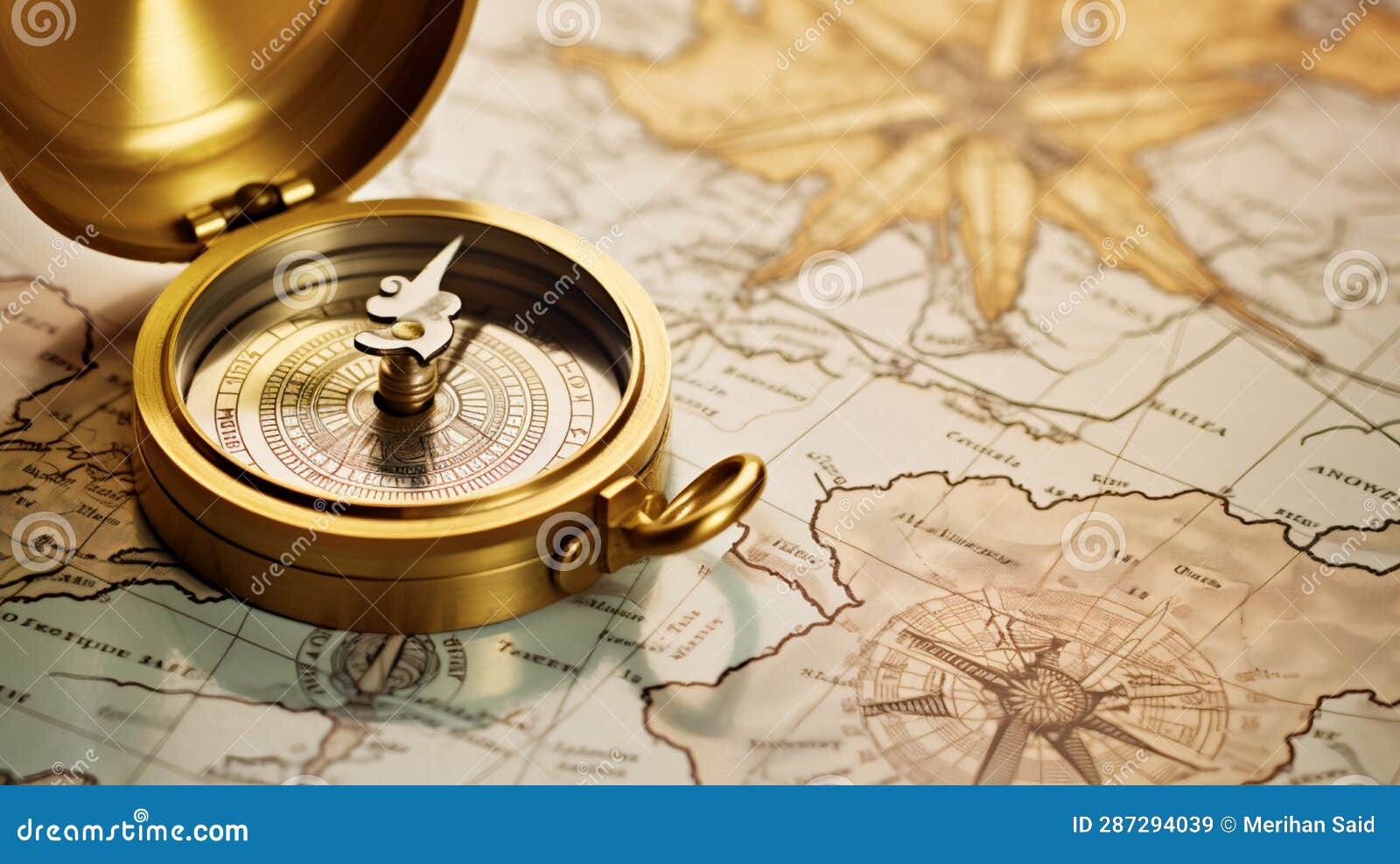 Retro Styled Golden Compass and Old White Nautical Chart. AI Generative ...