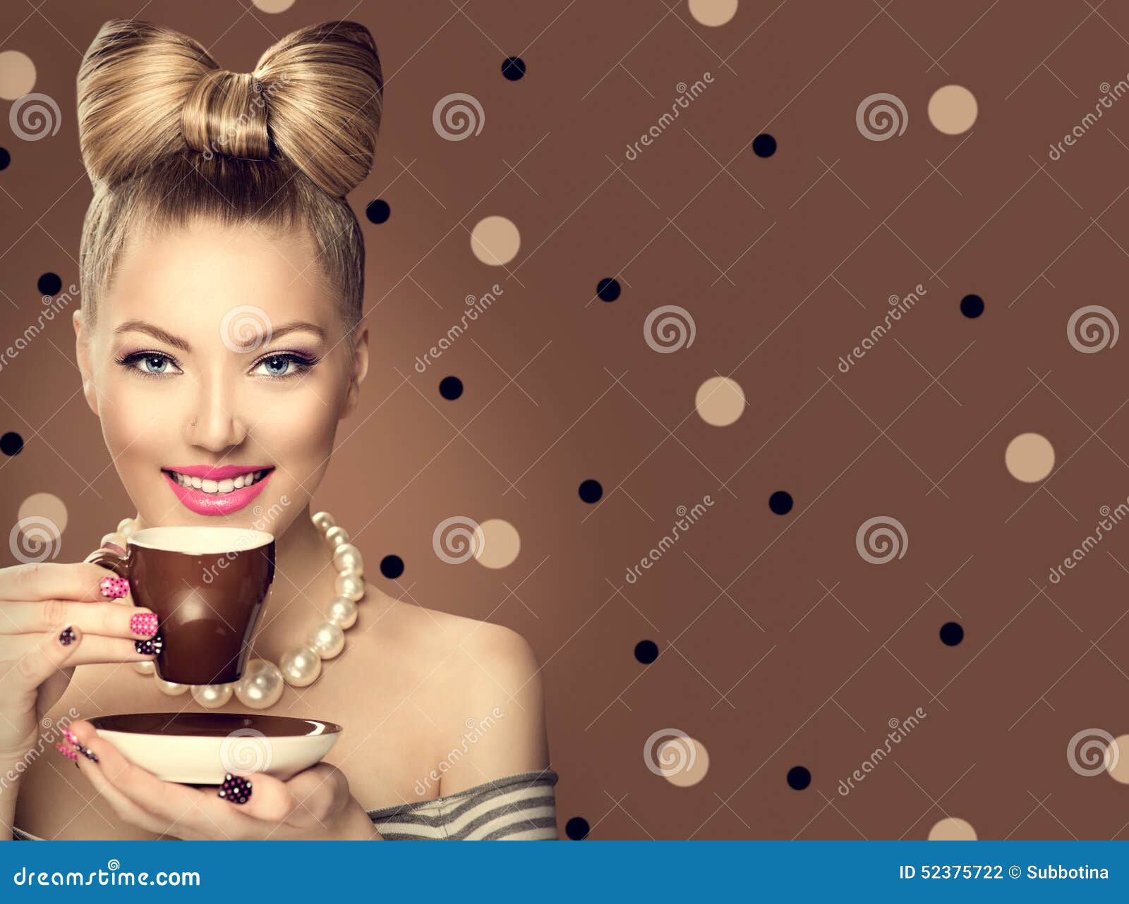 Retro Styled Model Girl Drinking Coffee Stock Photo - Image of menu ...