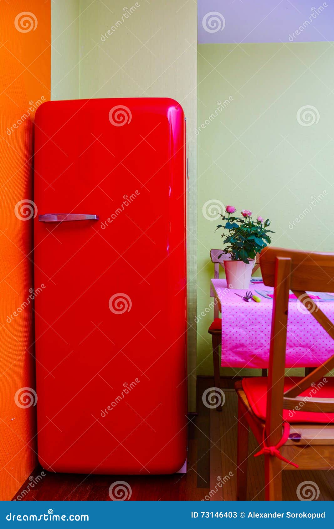 Retro-styled Red Refrigerator in the Kitchen Room Stock Image - Image ...