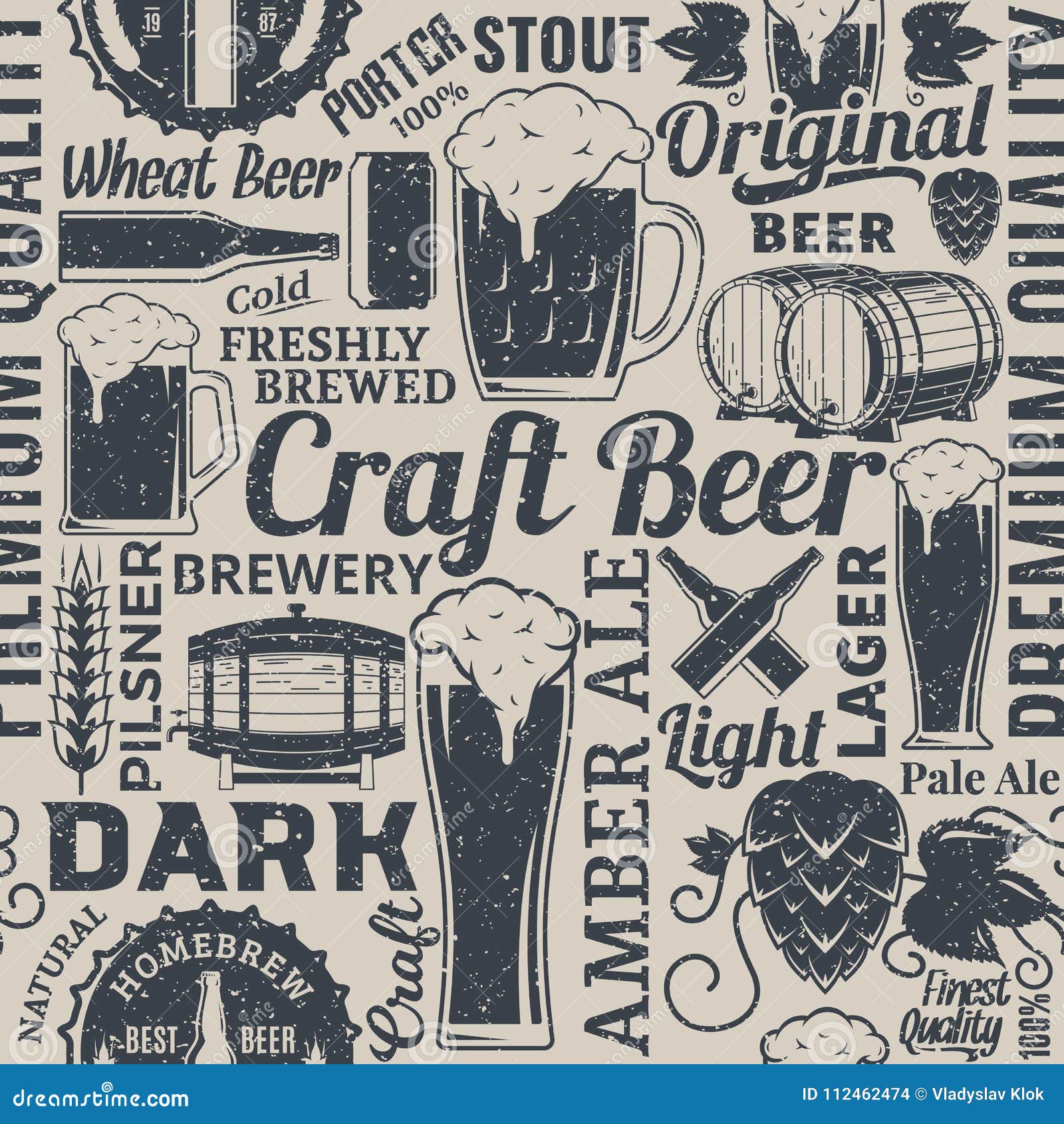 Retro Styled Typographic Vector Beer Seamless Pattern or Backgro Stock ...