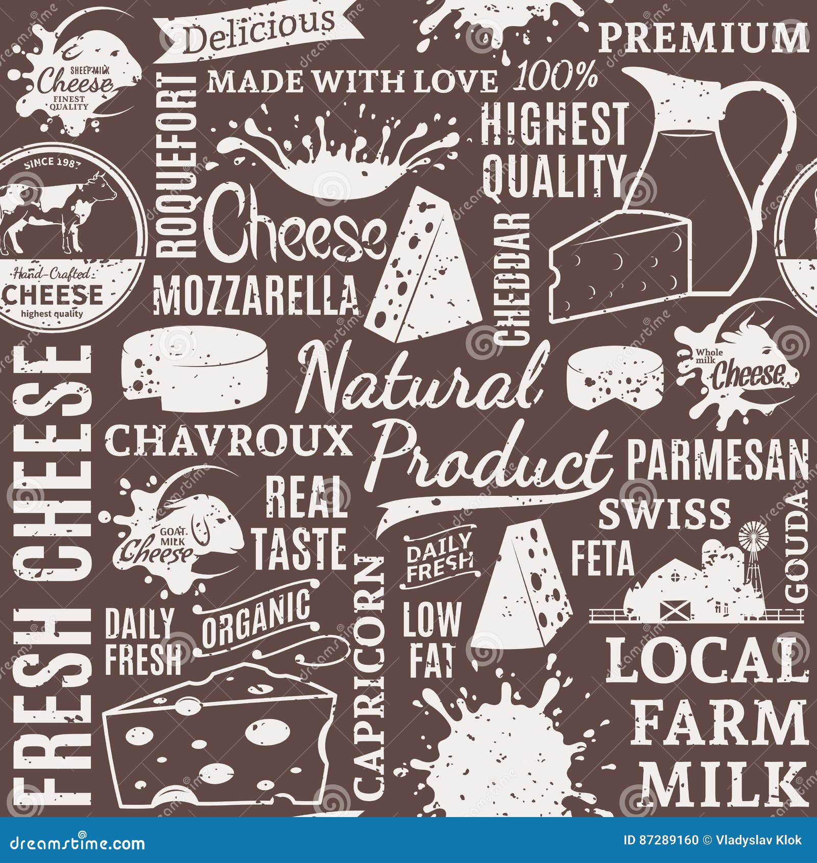 Retro Styled Typographic Vector Cheese Seamless Pattern or Background ...