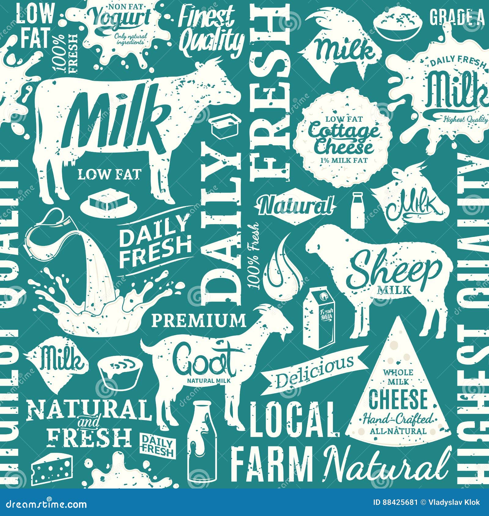 Retro Styled Typographic Vector Milk Product Seamless Pattern Or Stock