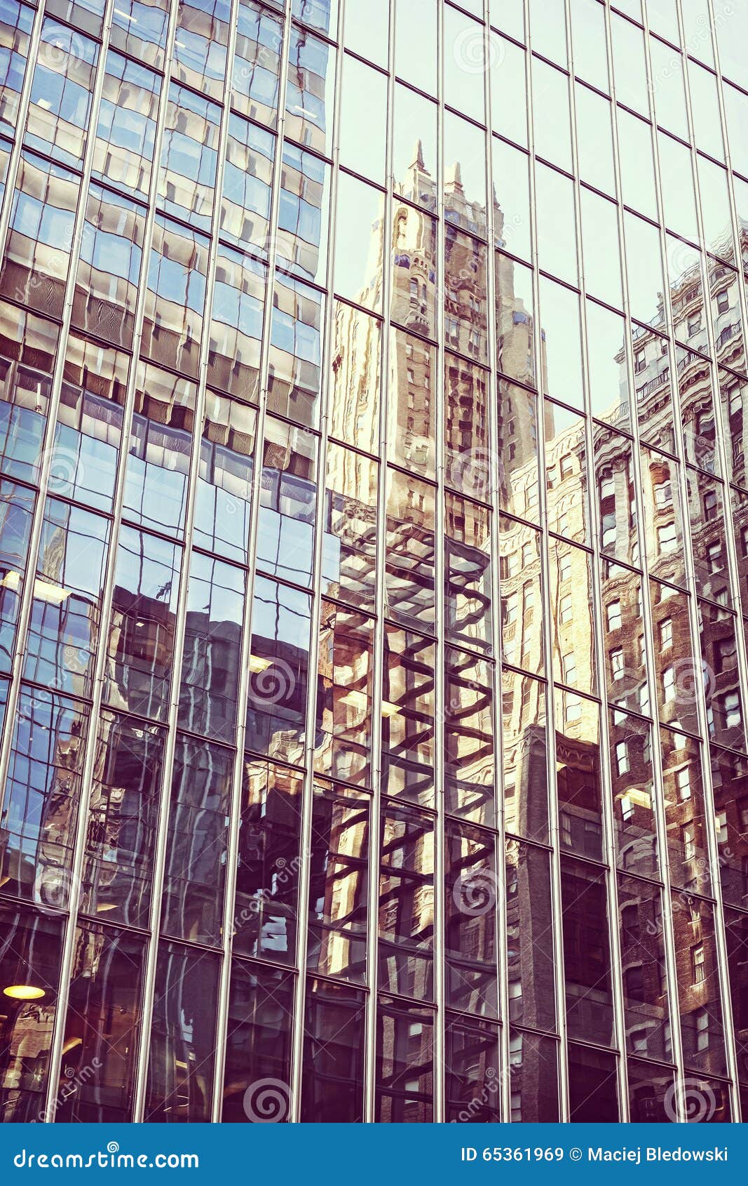 Retro Stylized Buildings Reflection in Windows, Manhattan, NYC, Stock ...