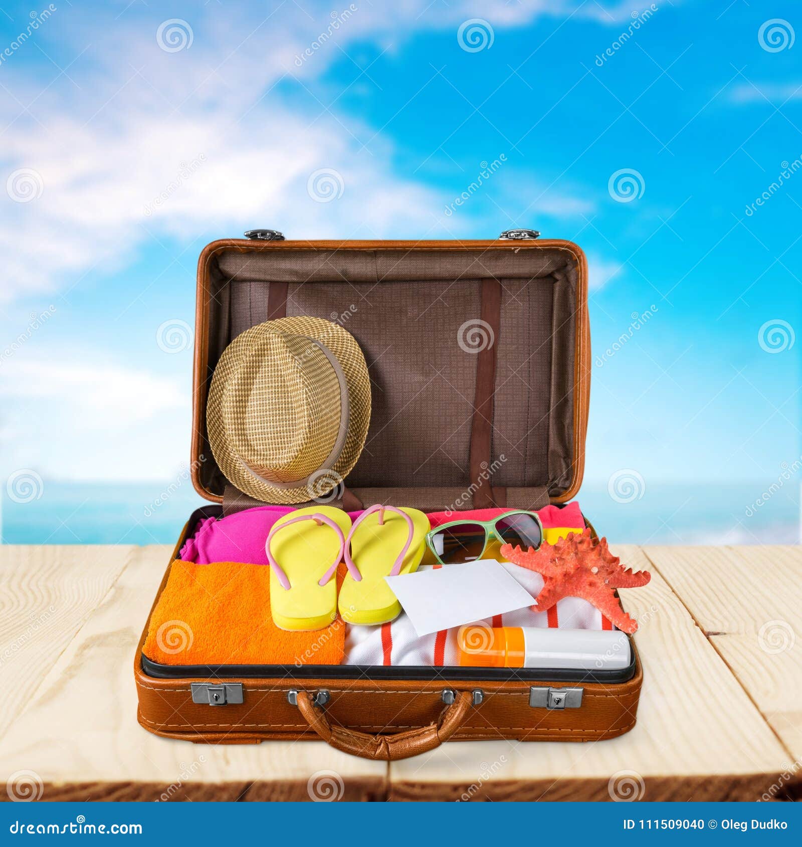 Retro Suitcase with Travel Objects on Beach Stock Photo - Image of ...
