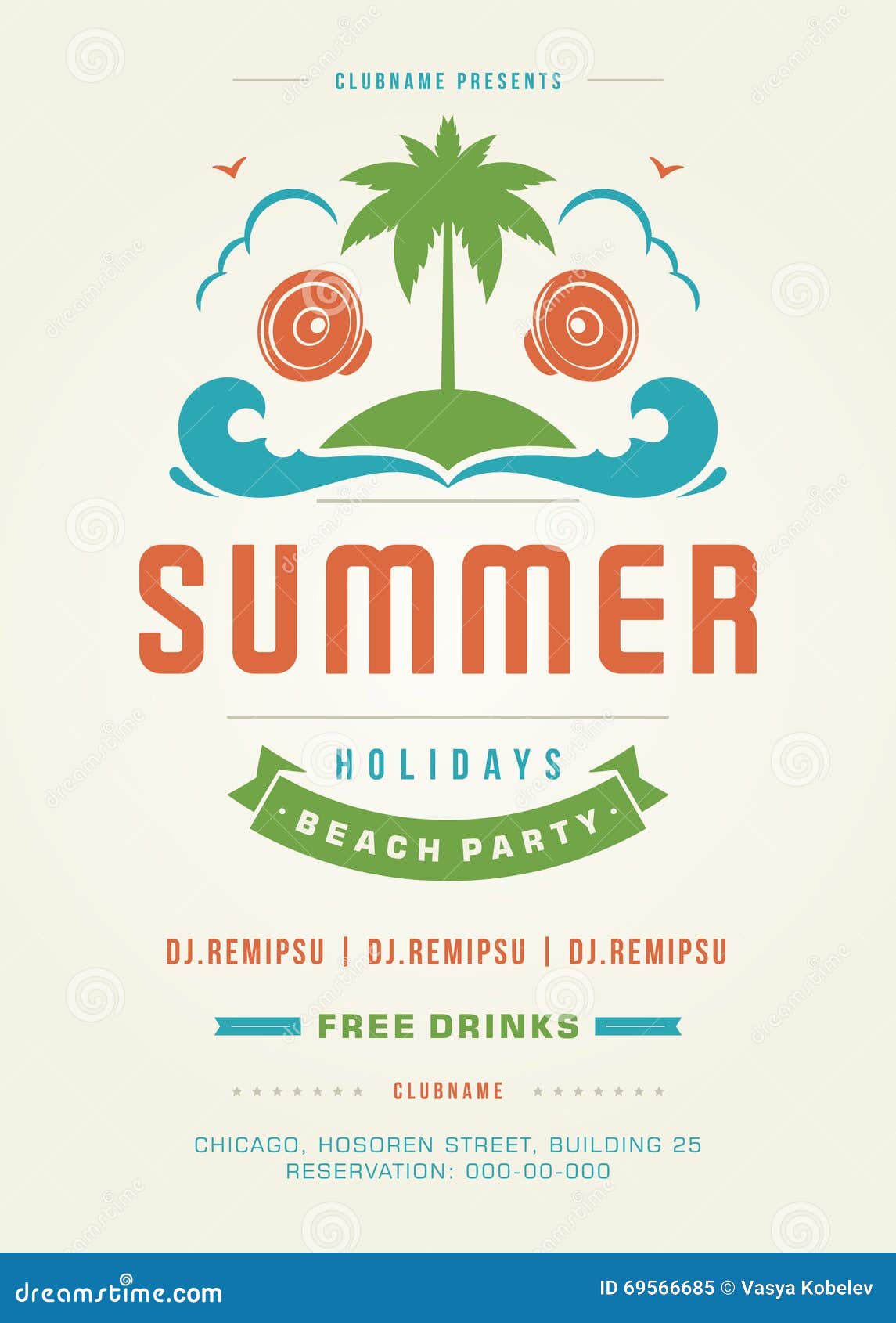 Retro Summer Holidays Beach Party Poster Or Flyer Design Template Stock