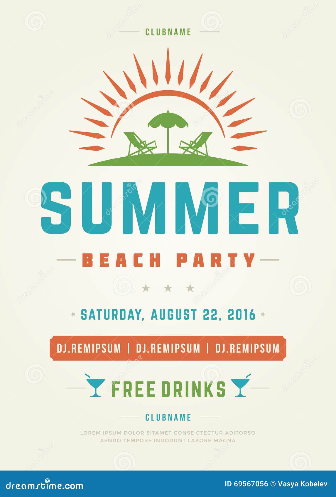Retro Summer Holidays Beach Party Poster Or Flyer Design Template Stock