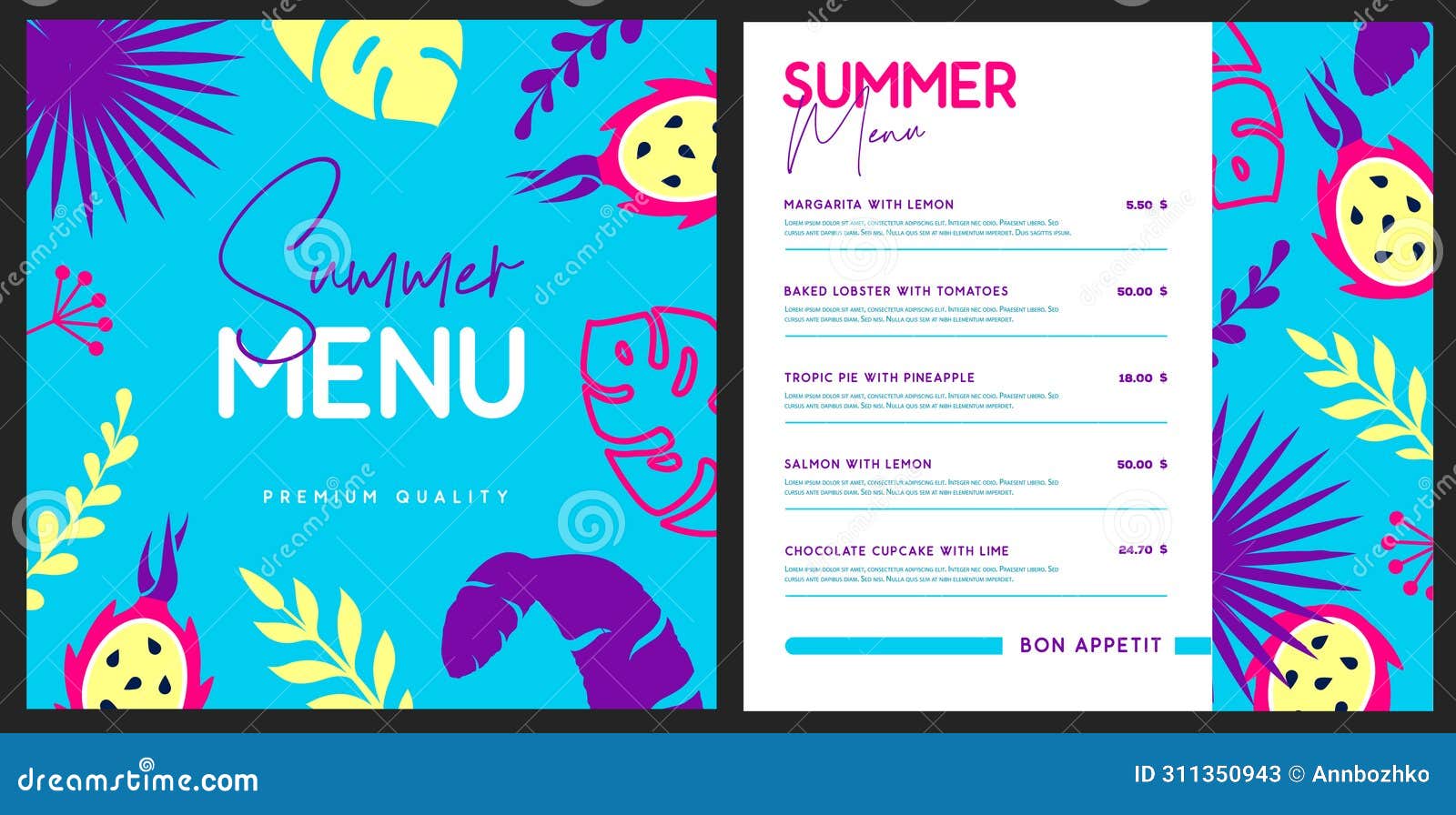 Retro Summer Restaurant Menu Design with Tropic Leaves Pattern and ...