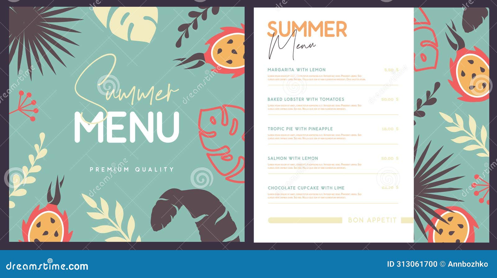 Retro Summer Restaurant Menu Design with Tropic Leaves Pattern and ...