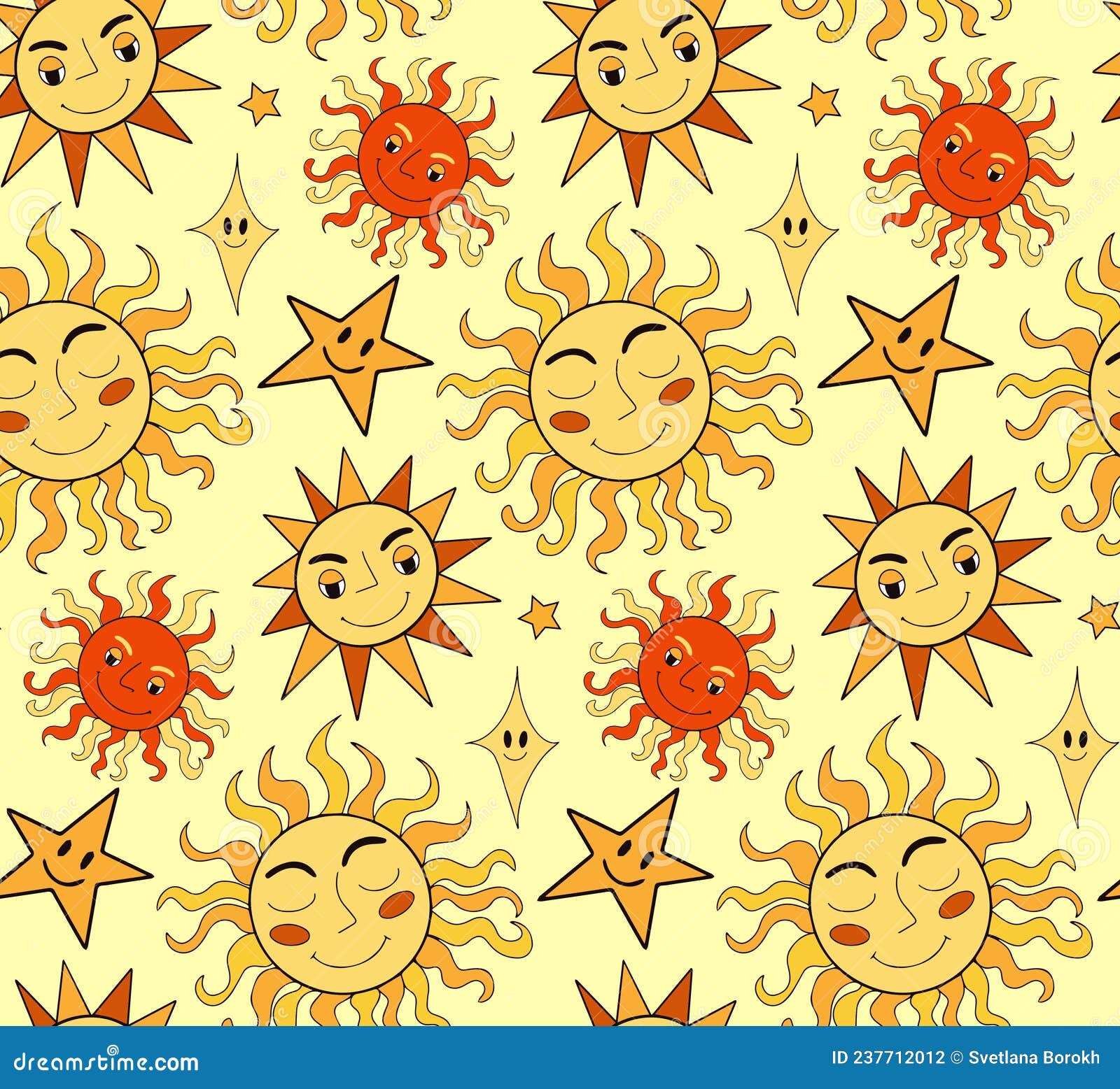 Retro Sun Smiley Face Seamless Pattern. Hippie Groovy Repeating Texture ...