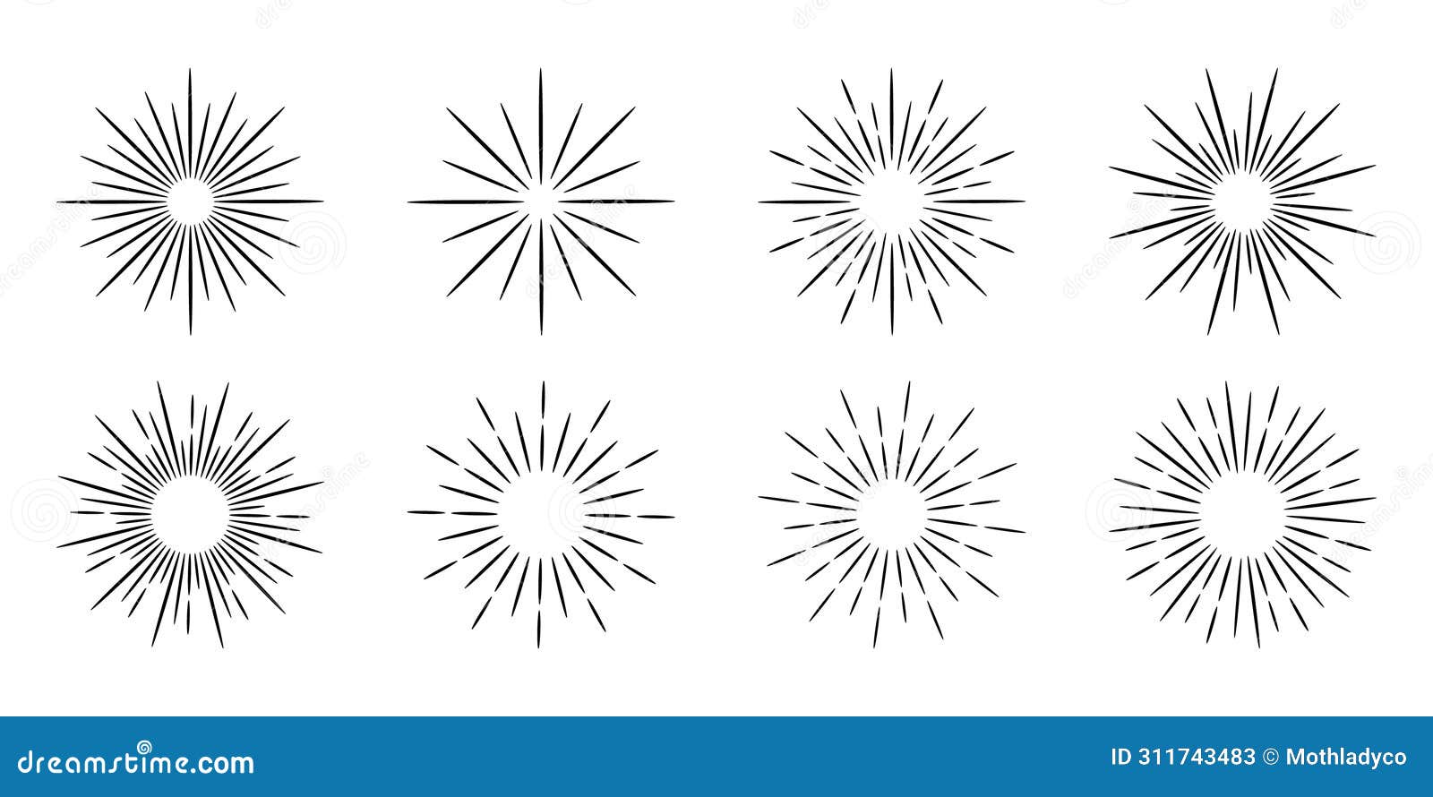 Retro Sunburst Line Art Elements Set, Sun Vector Illustration Stock ...