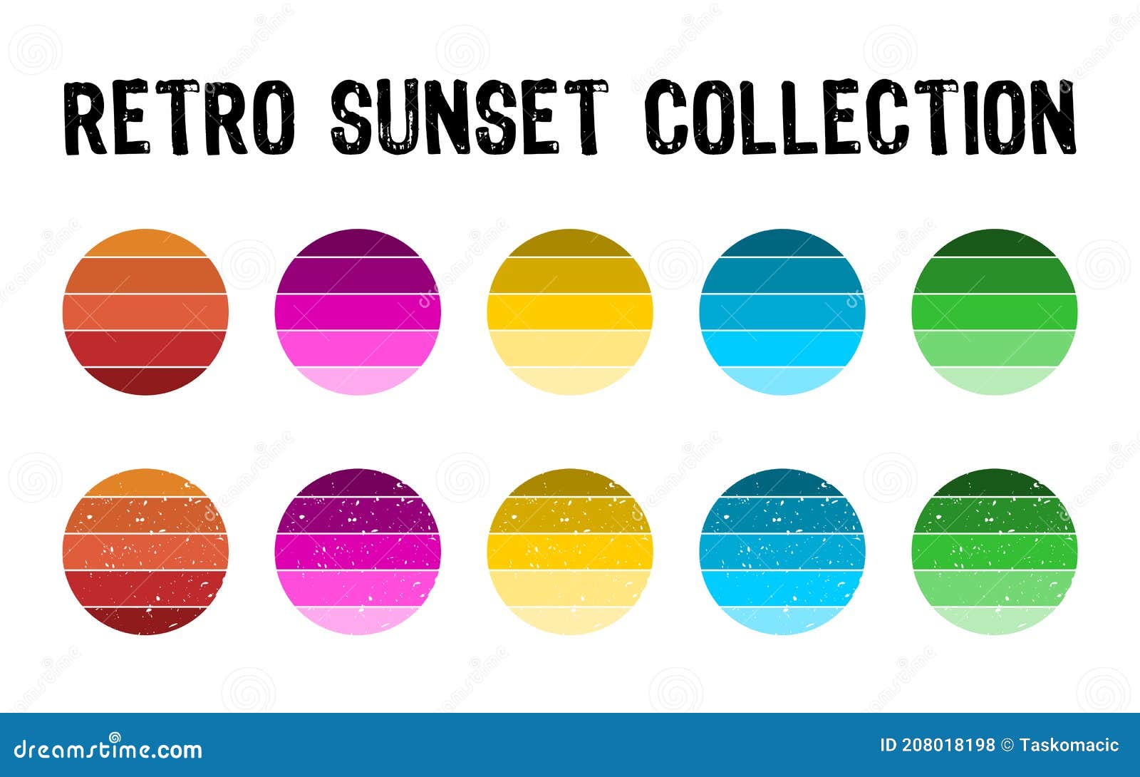 Retro Sunset Collection in 80s 90s Style. Regular and Distressed ...