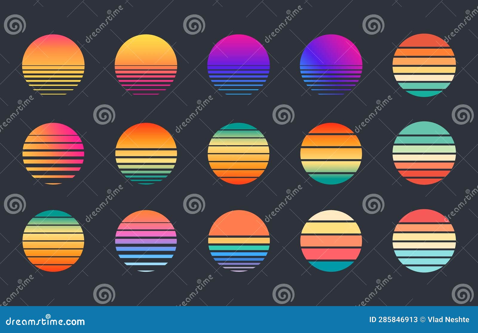 Retro Sunset Logo on Dark Background. Round Emblems Retro Backgrounds ...
