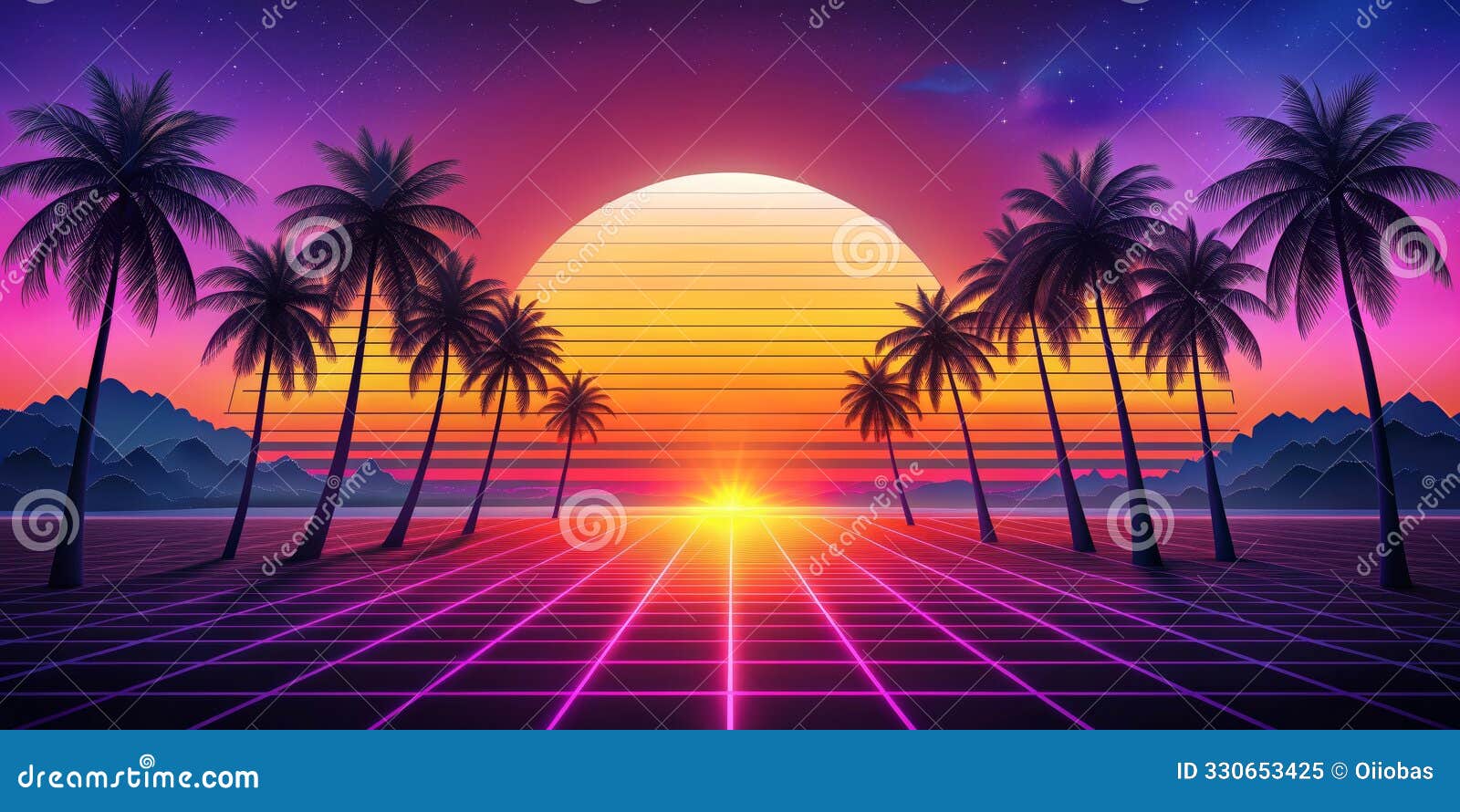 Retro Sunset Palm Trees with Neon Grid, 80s , Synthwave , Retro Future ...