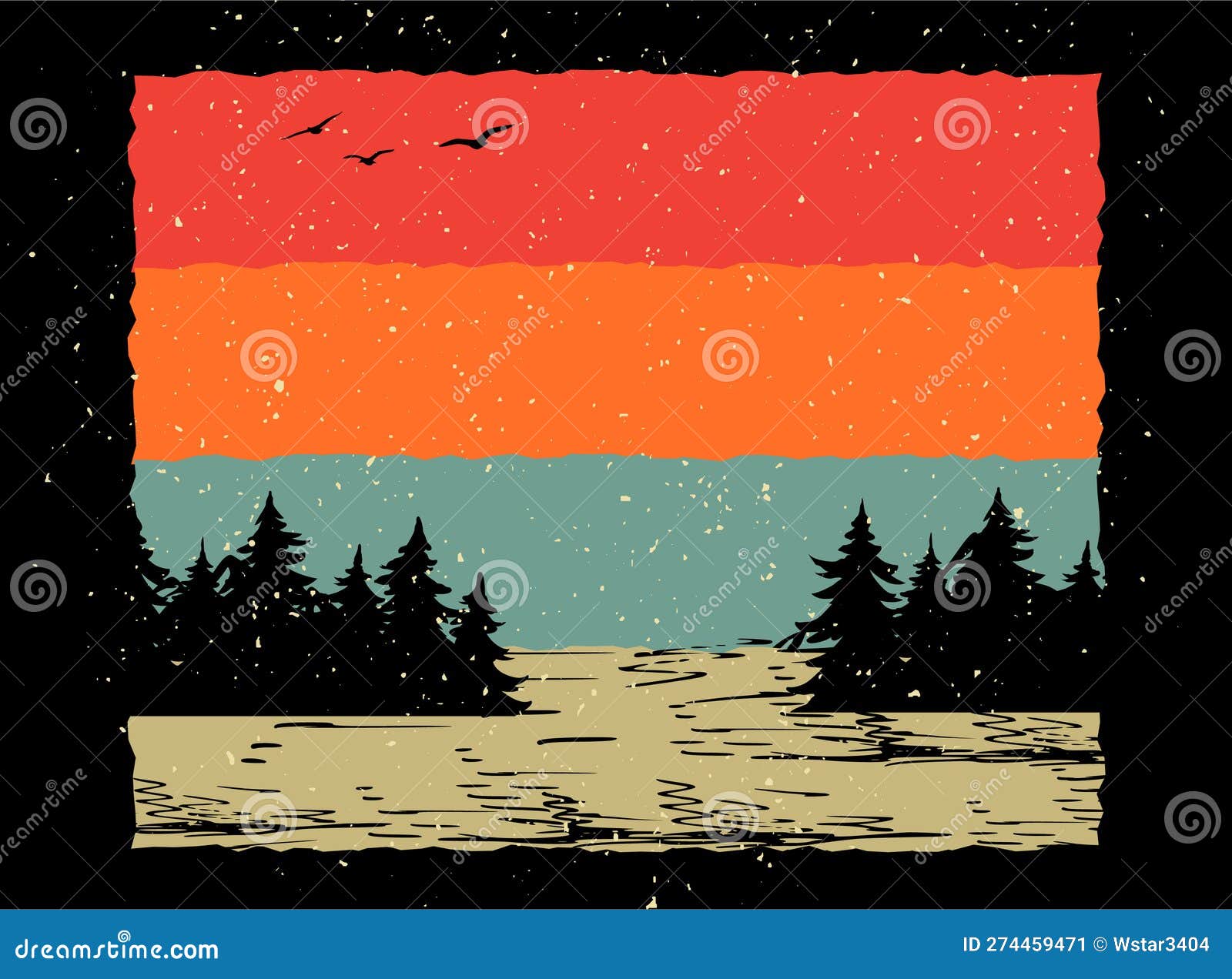 Retro Sunset . 70s Style Grunge Striped Sunset Forest Landscape Retro ...