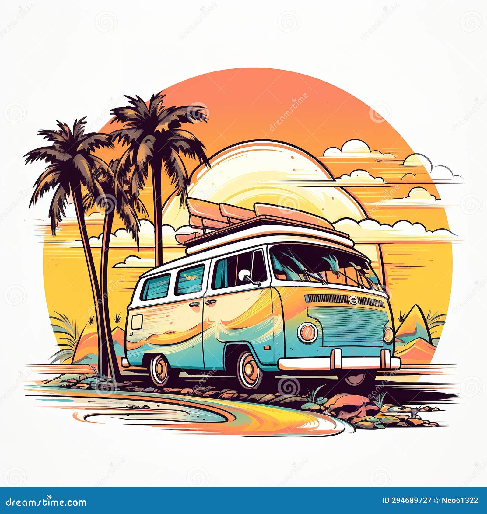 Retro Surf Van Carrying Surfboards at the Beach Palm Trees Sunset ...