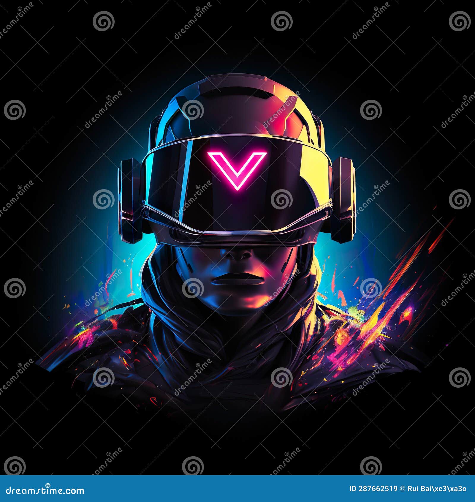 A Retro Synth Style Portrait Logo of a Gamer Wearing a Virtual Reality ...