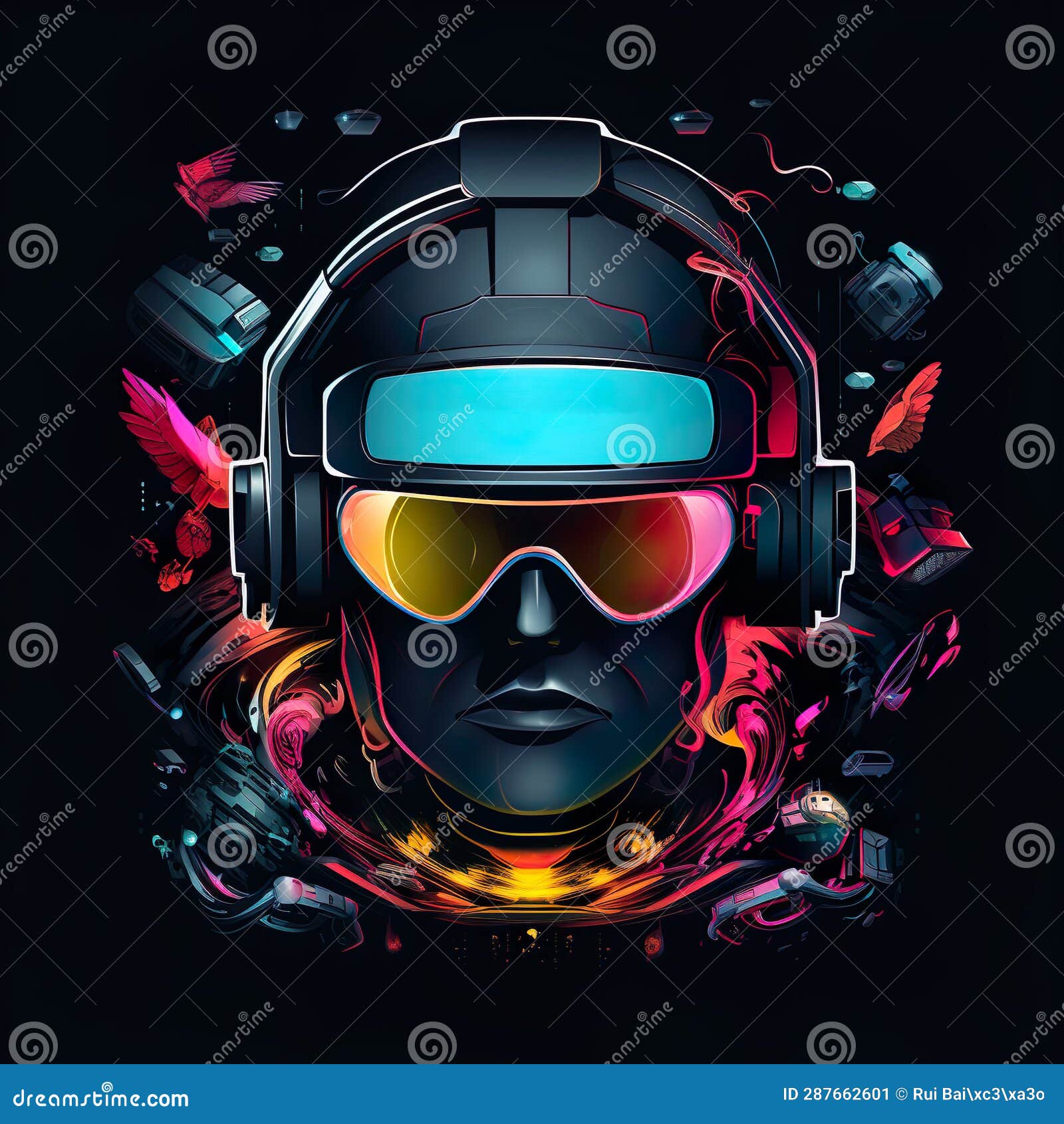 A Retro Synth Style Portrait Logo of a Gamer Wearing a Virtual Reality ...