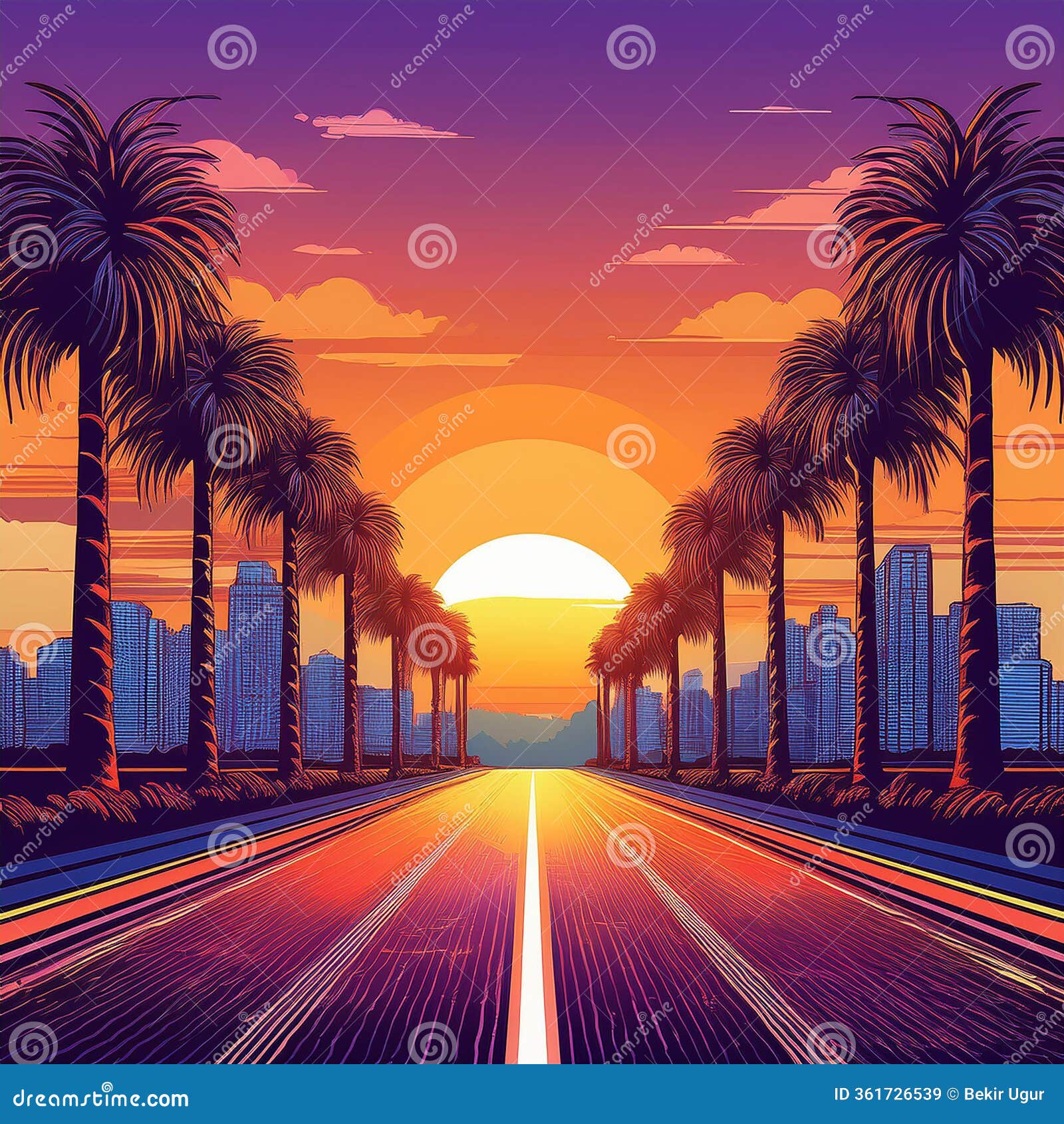Retro Synthwave Retro Design. Road To Sunset. Skyscrapers and Palms ...