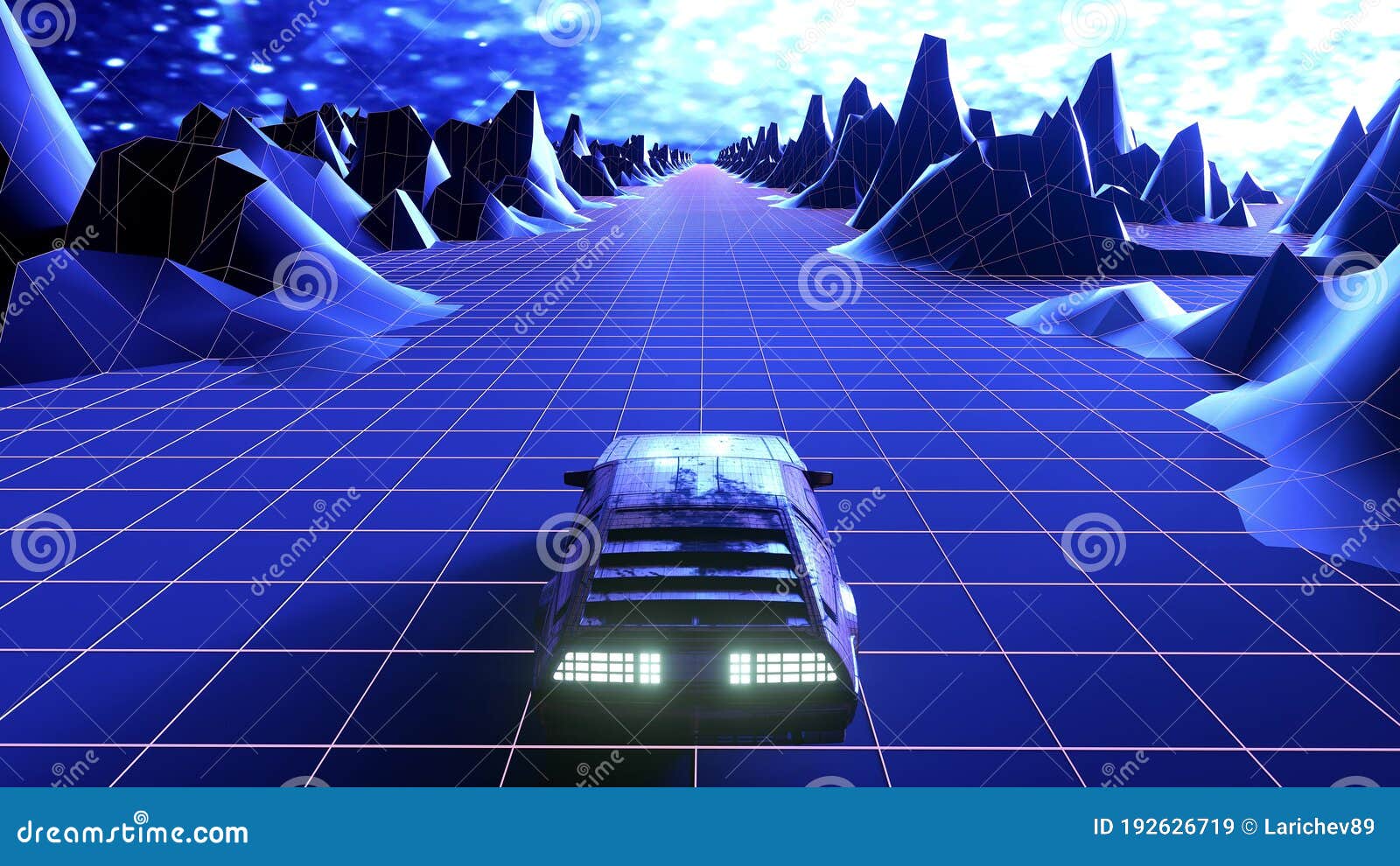 Retro Synthwave Night City Car. 3d Rendering Stock Illustration ...