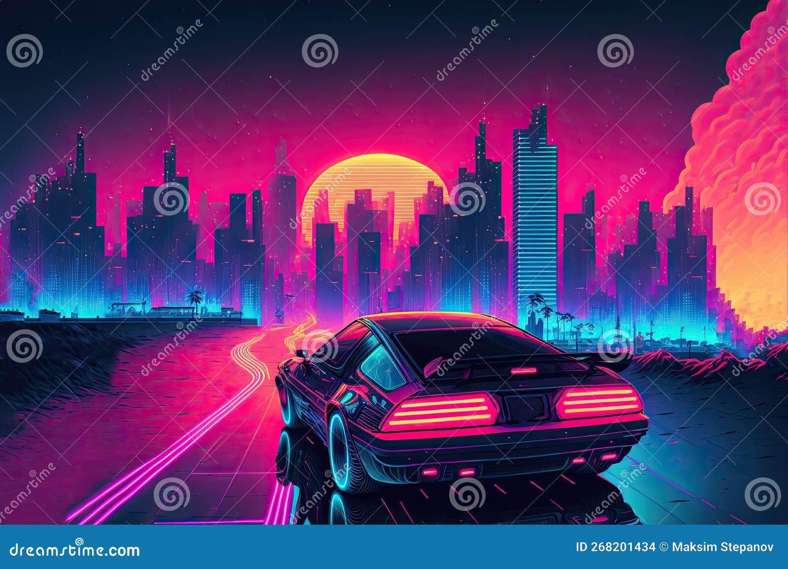 Retro Synthwave Poster with City Landscape, Super Car and Sunset. Night ... Retro Synthwave Poster with City Landscape, Super Car and Sunset. Night ...